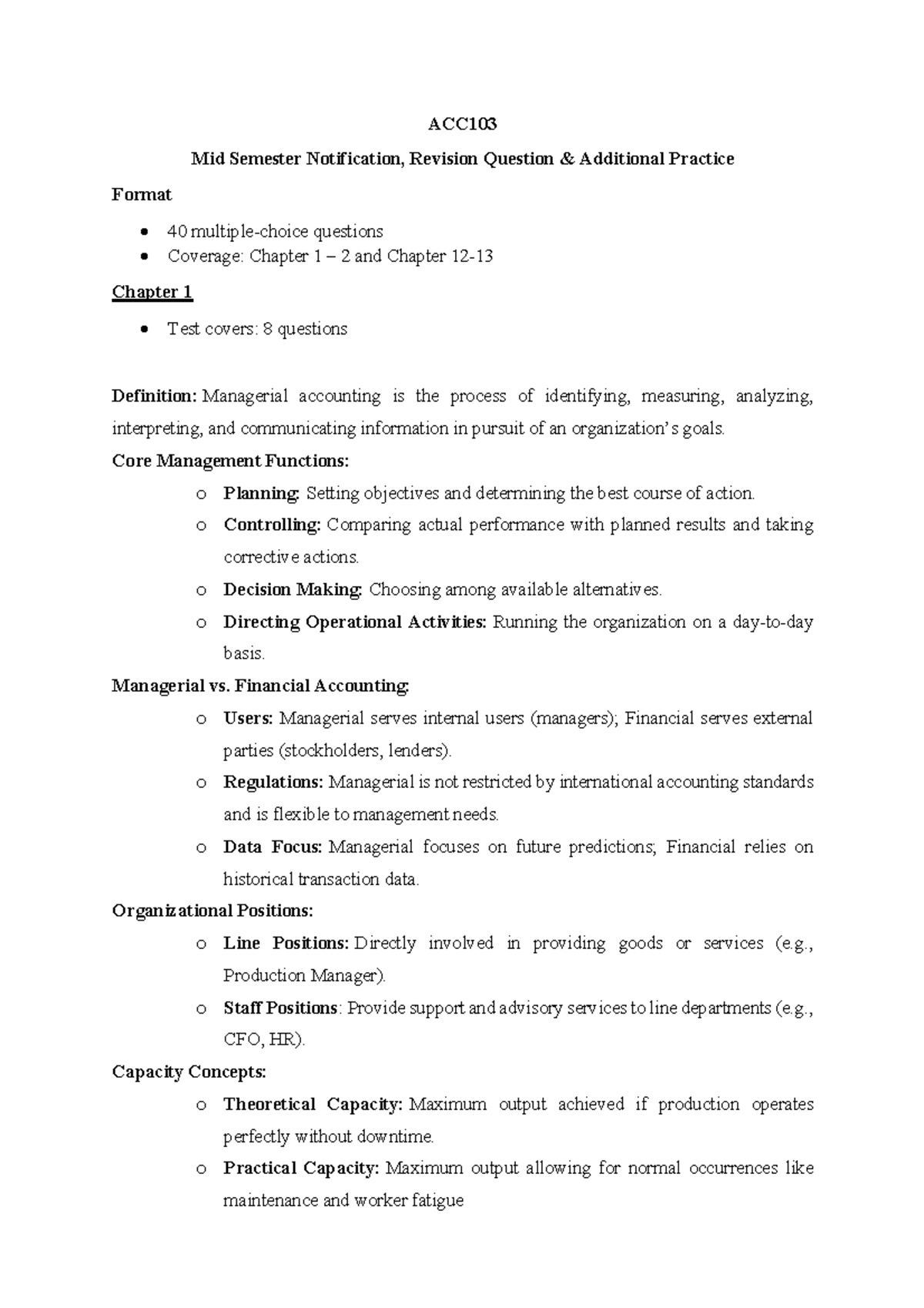 ACC103 Mid Semester Exam Revision: Key Concepts & Practice Questions ...