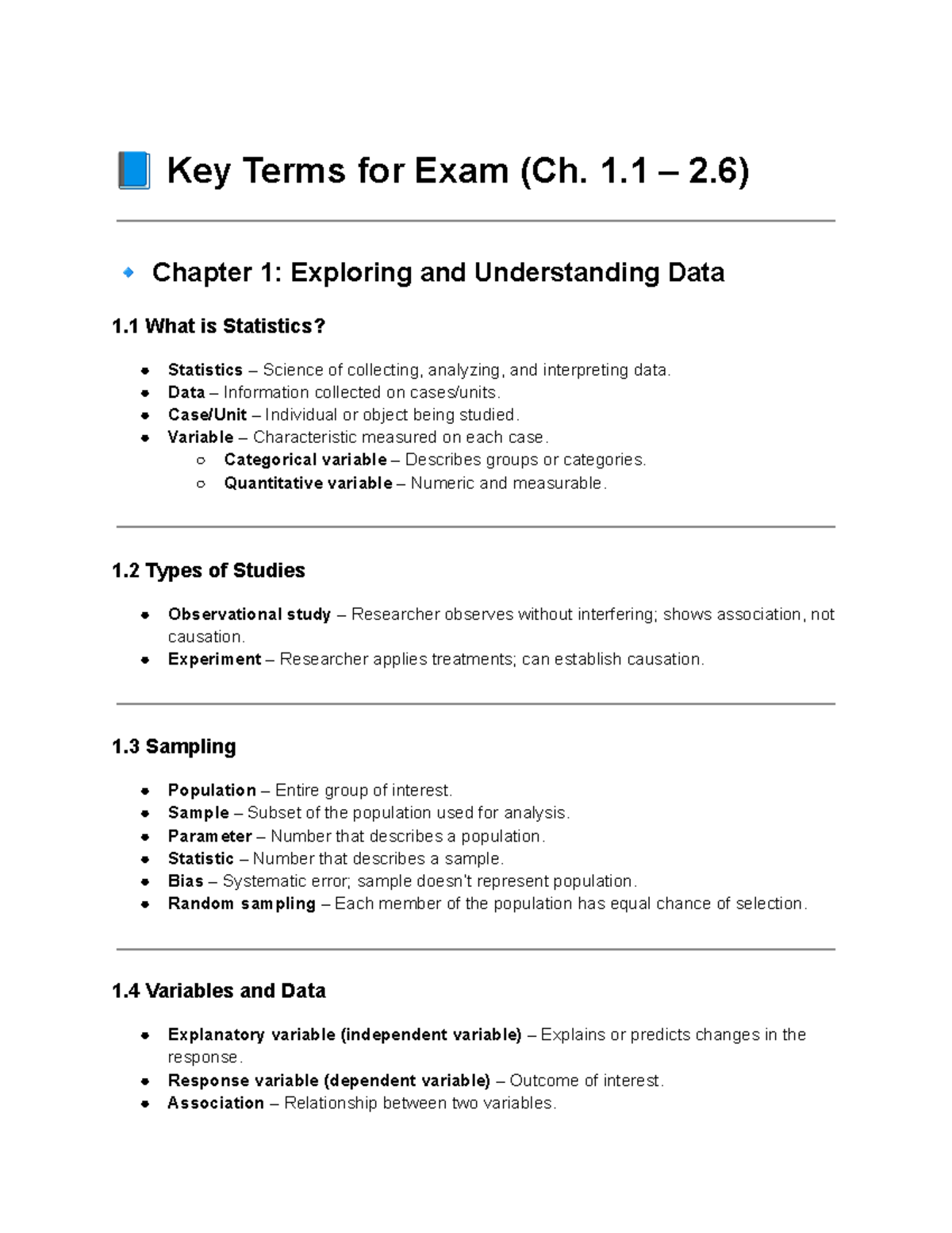 MATH 112 Study Guide: Key Terms for Exam (Ch. 1-2) - Studocu