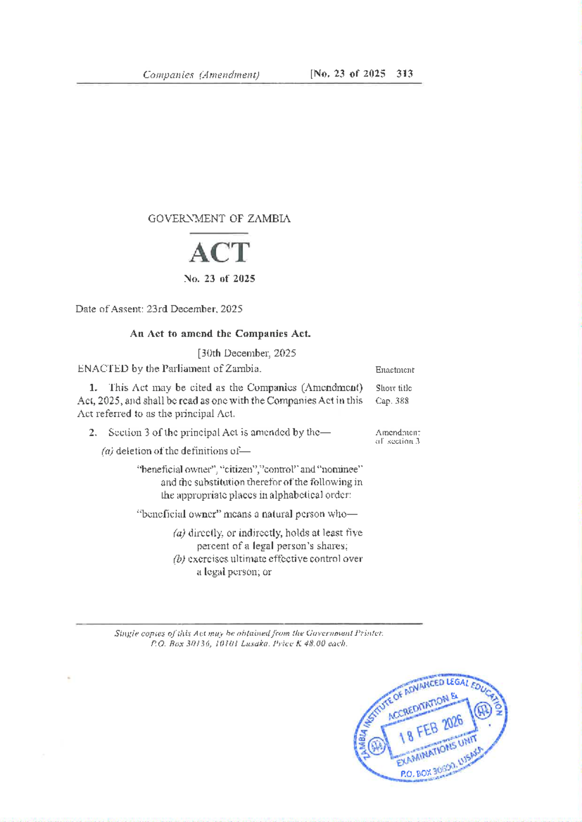 Companies (Amendment) Act No. 23 of 2025 - Statutory Instrument - Studocu