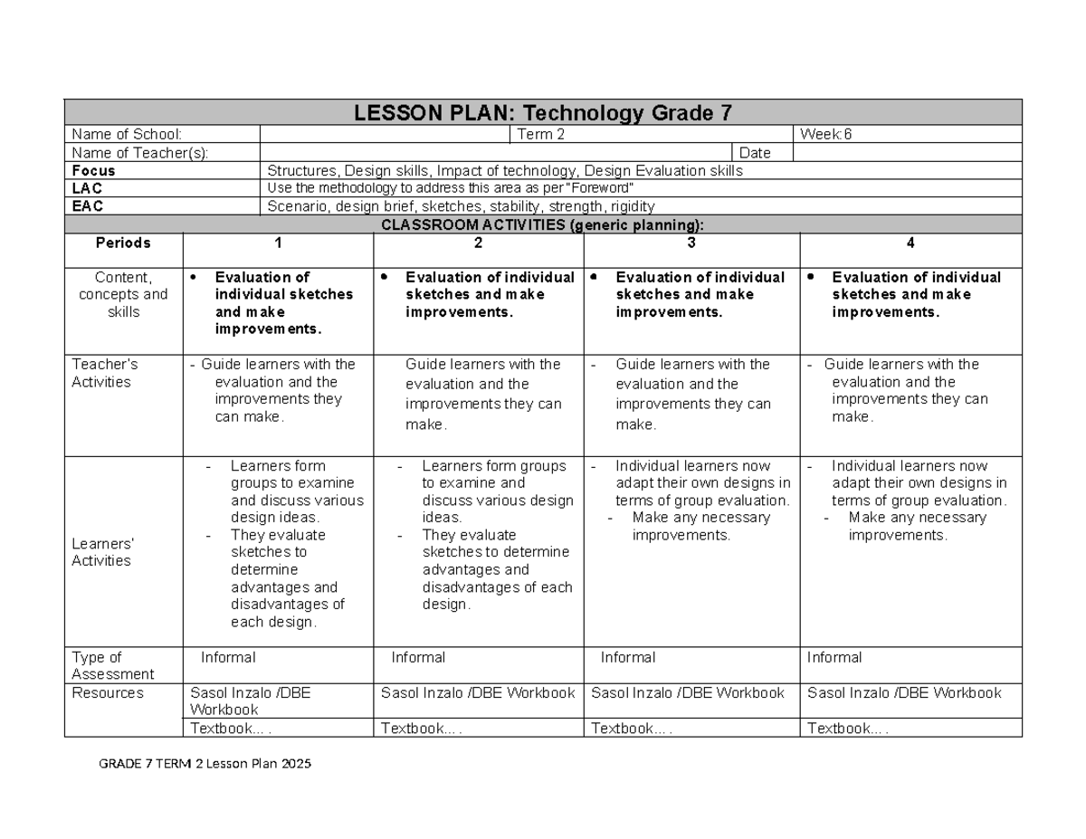 Grade 7 Term 2 Lesson Plan 2025: Week 6 Technology Activities - Studocu