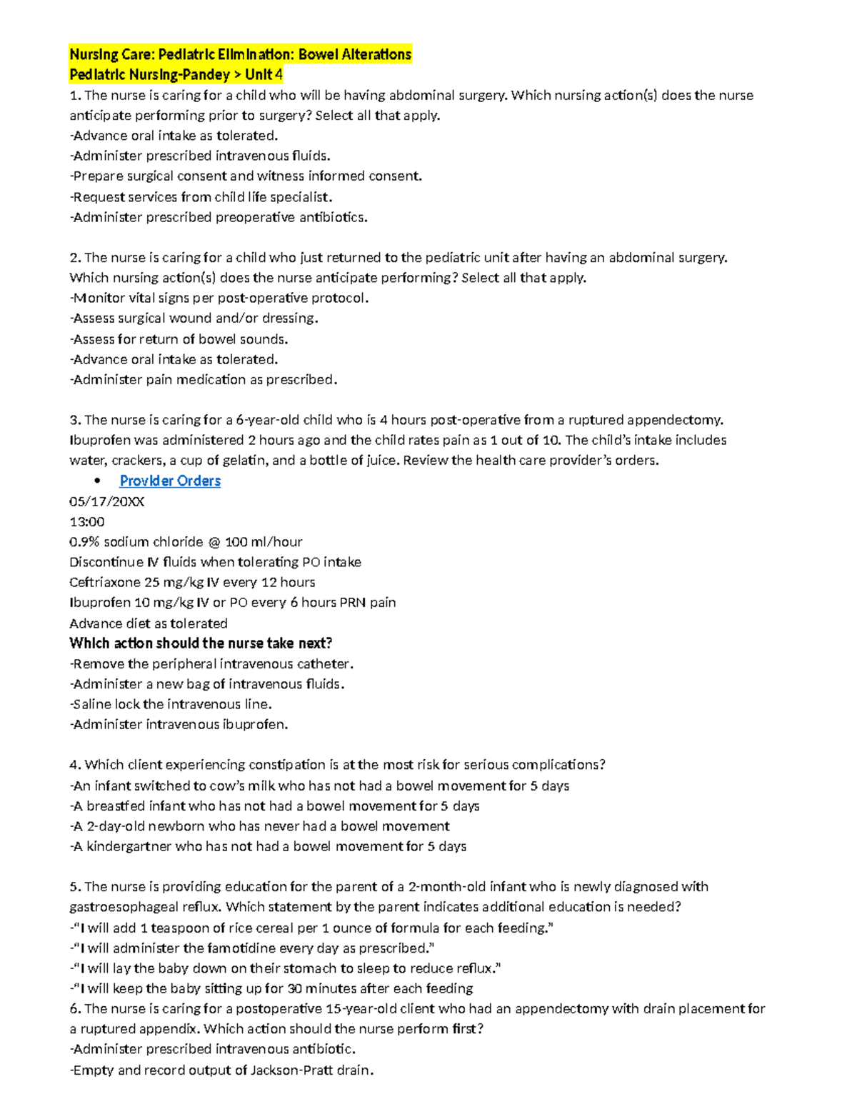 NR328 Week 4 Edapt Quiz: Pediatric Urinary and Gastrointestinal Care ...