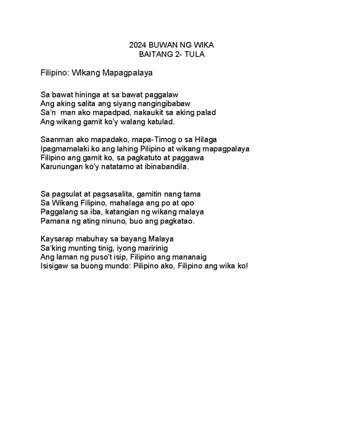 2024 GR-2 TULA para sa BUWAN NG WIKA: Isang Pagdiriwang ng Wika - Studocu