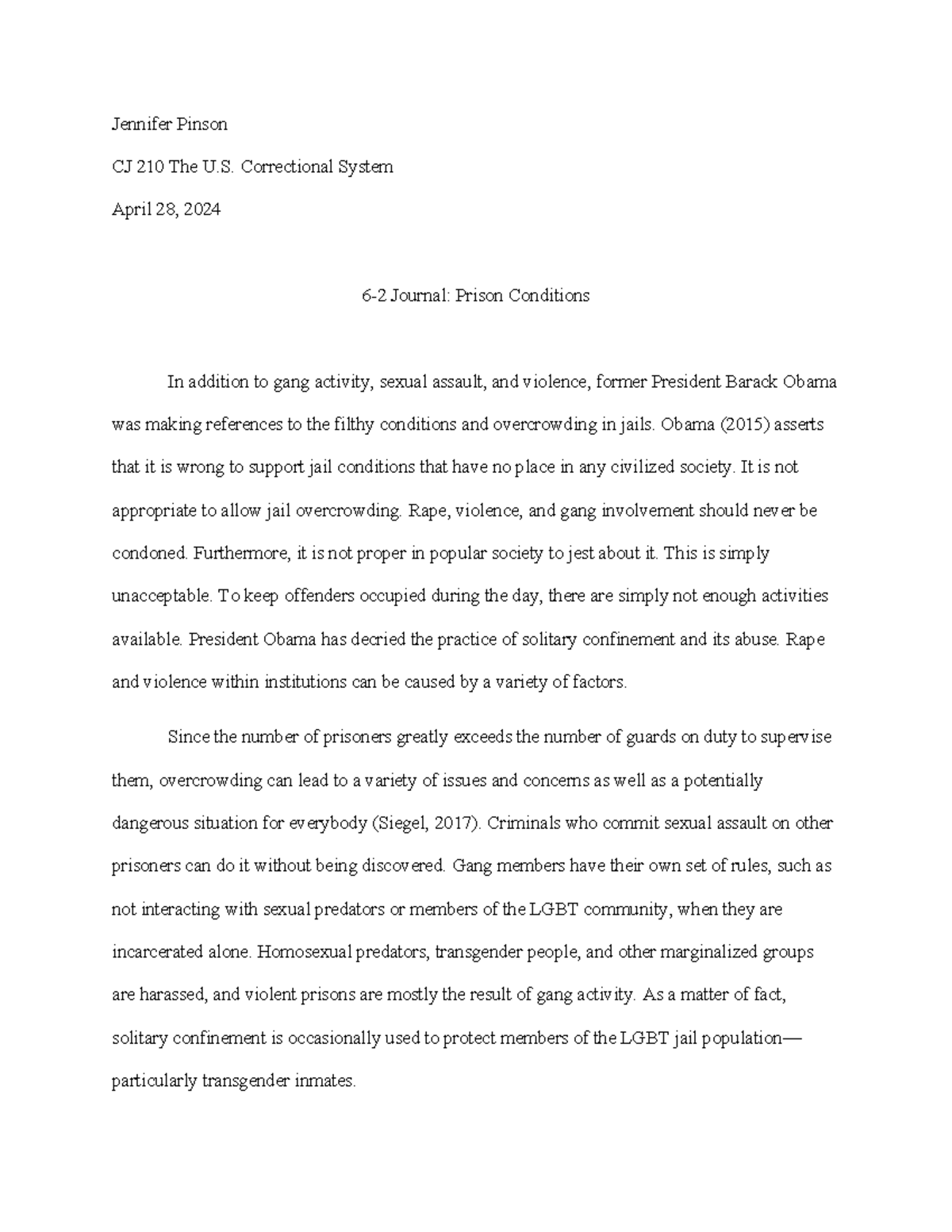 CJ 210 6-2 Journal Jennifer Pinson - Jennifer Pinson CJ 210 The U ...