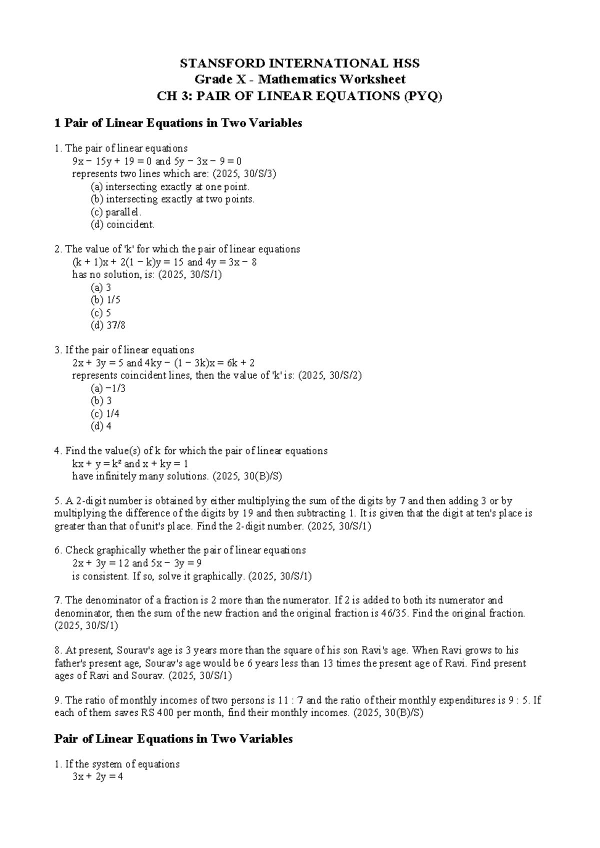 CH3: Pair of Linear Equations PYQ - Grade X Mathematics Worksheet - Studocu