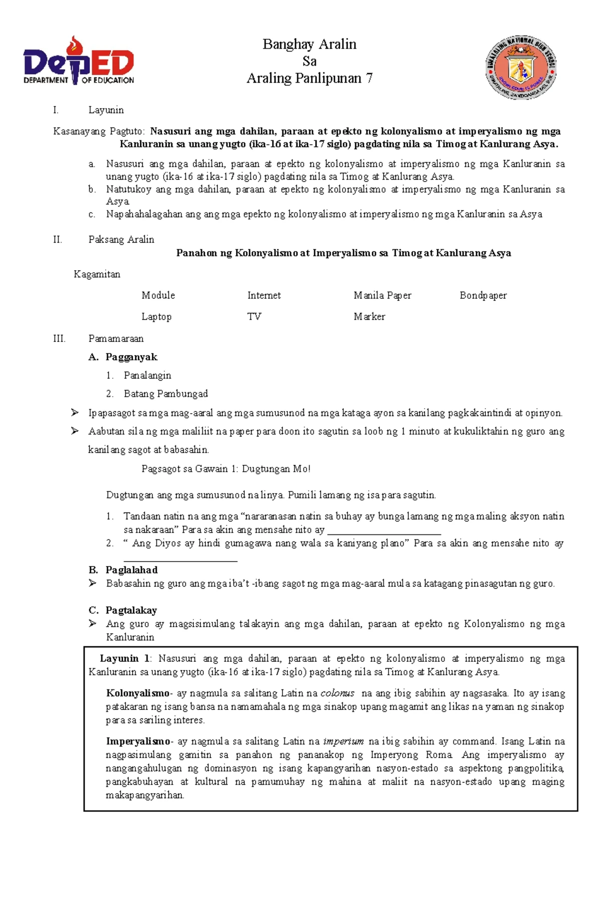 Lesson Exemplar for Grade 7 Araling Panlipunan: MATATAG Curriculum ...