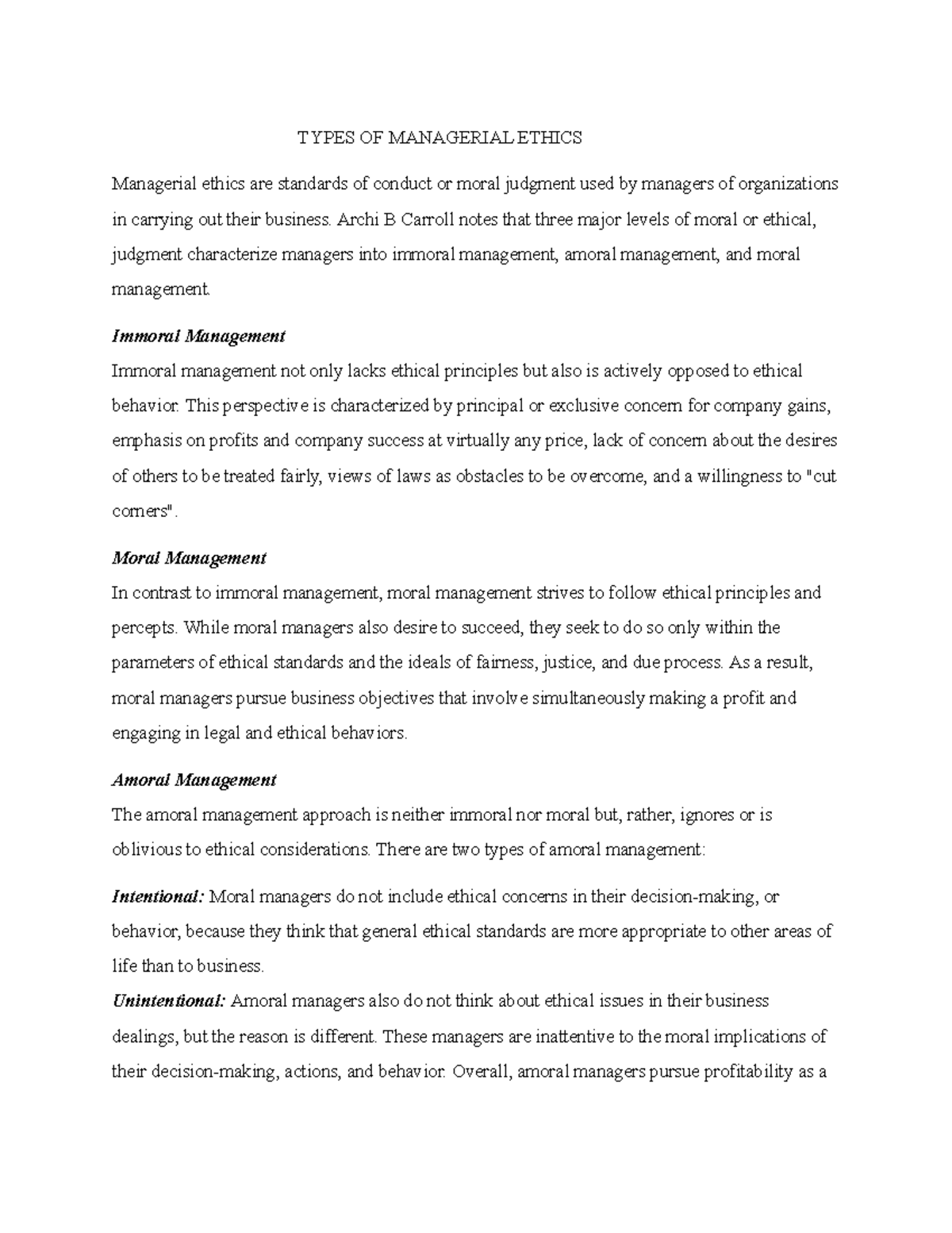 Understanding Managerial Ethics: Immoral, Moral & Amoral Aspects - Studocu