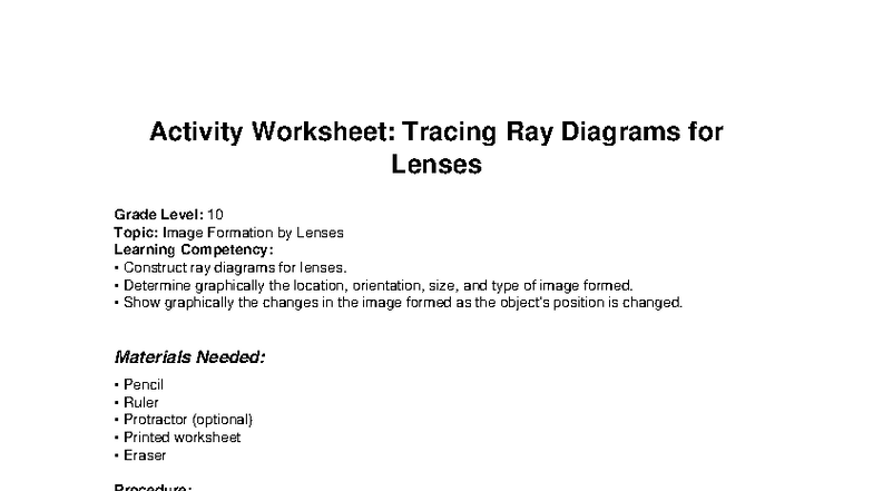 Tracing Ray Diagrams for Lenses: Grade 10 Activity Worksheet - Studocu
