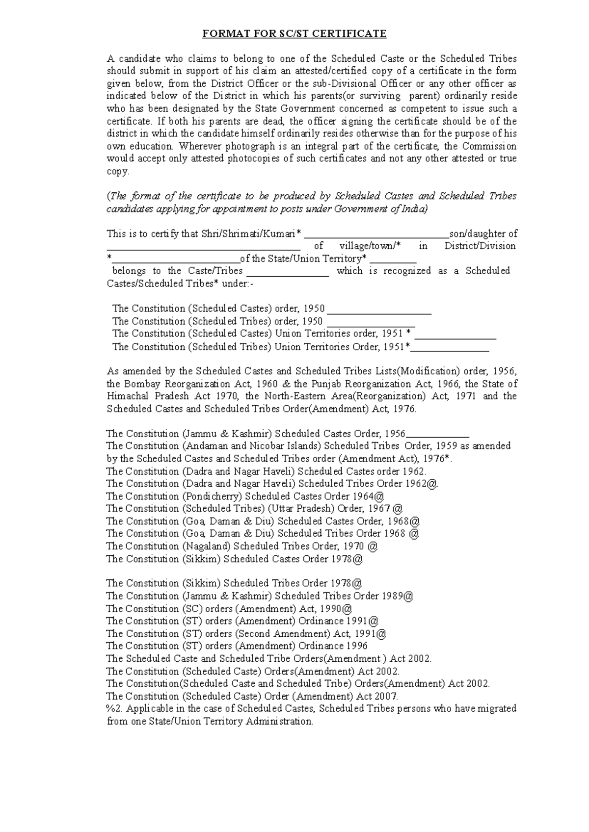 Format for SC/ST Certificate Submission Guidelines - Studocu