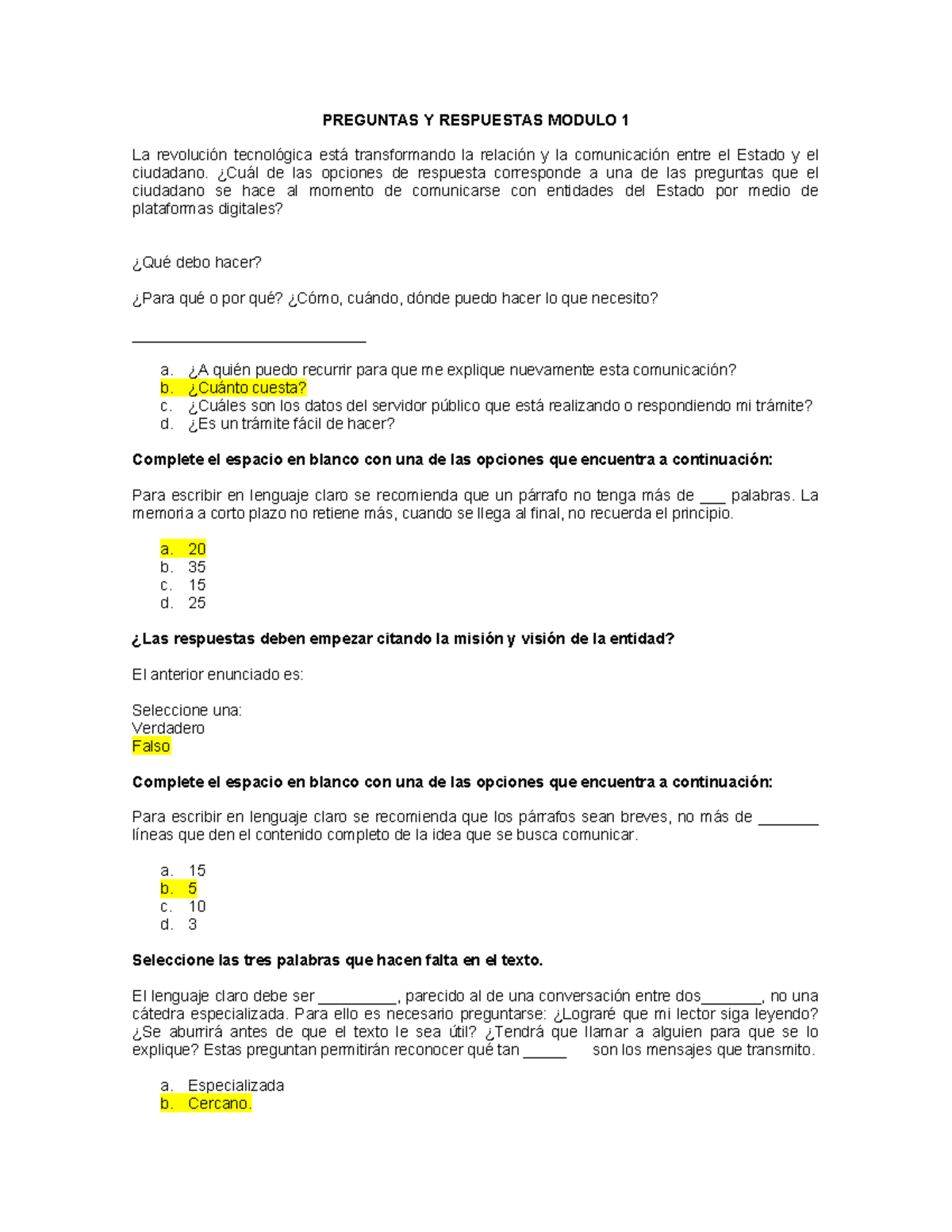 Modulo 1: Respuestas sobre Lenguaje Claro - Curso de Comunicación - Studocu
