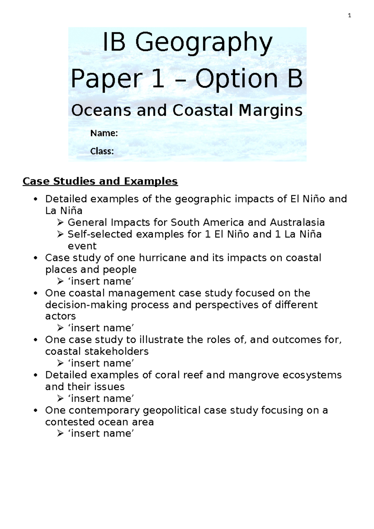Option b case study booklet - IB Geography Paper 1 – Option B Oceans ...