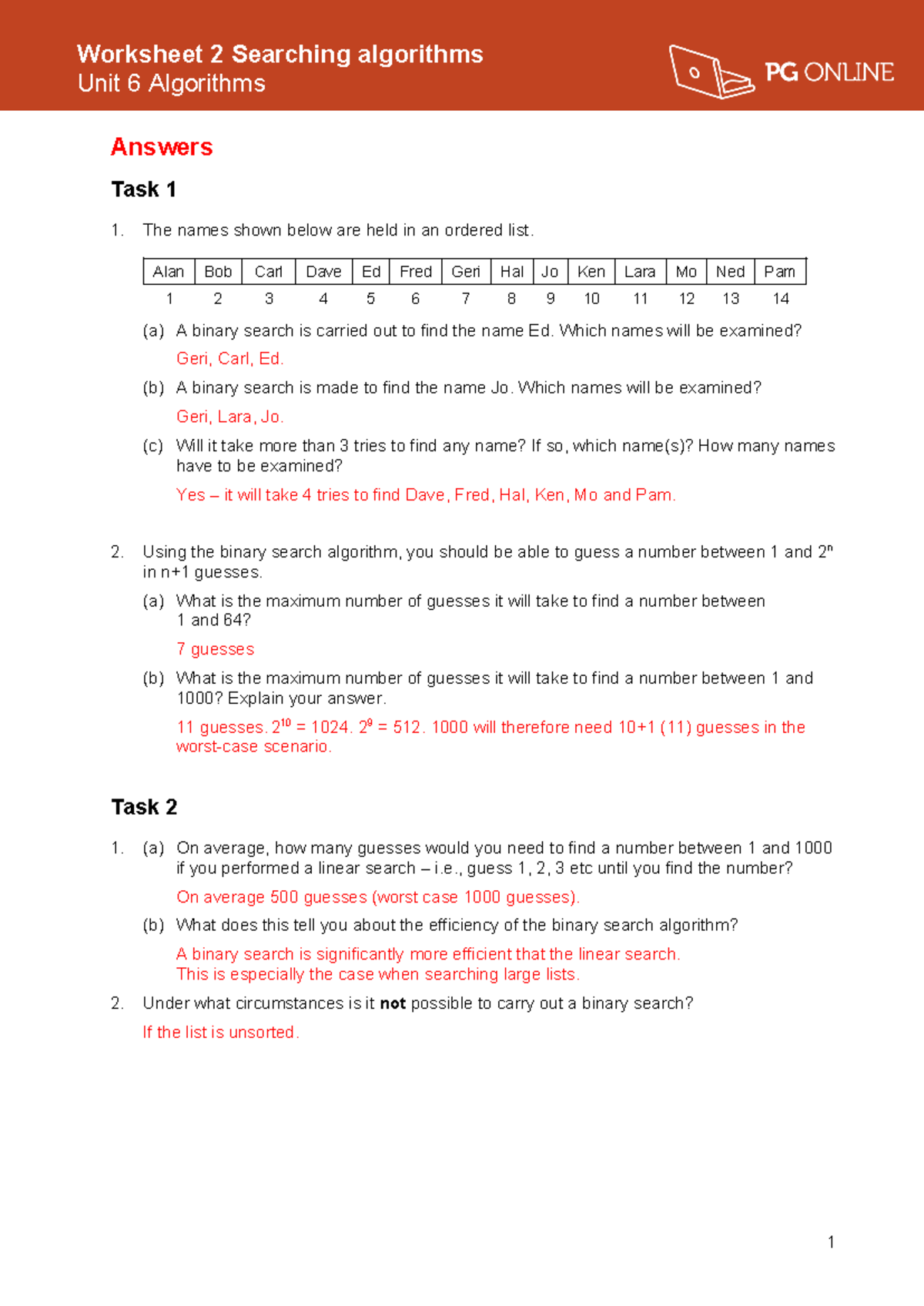 Worksheet 2 - Searching Algorithms Unit 6 Answers and Explanations - Studocu