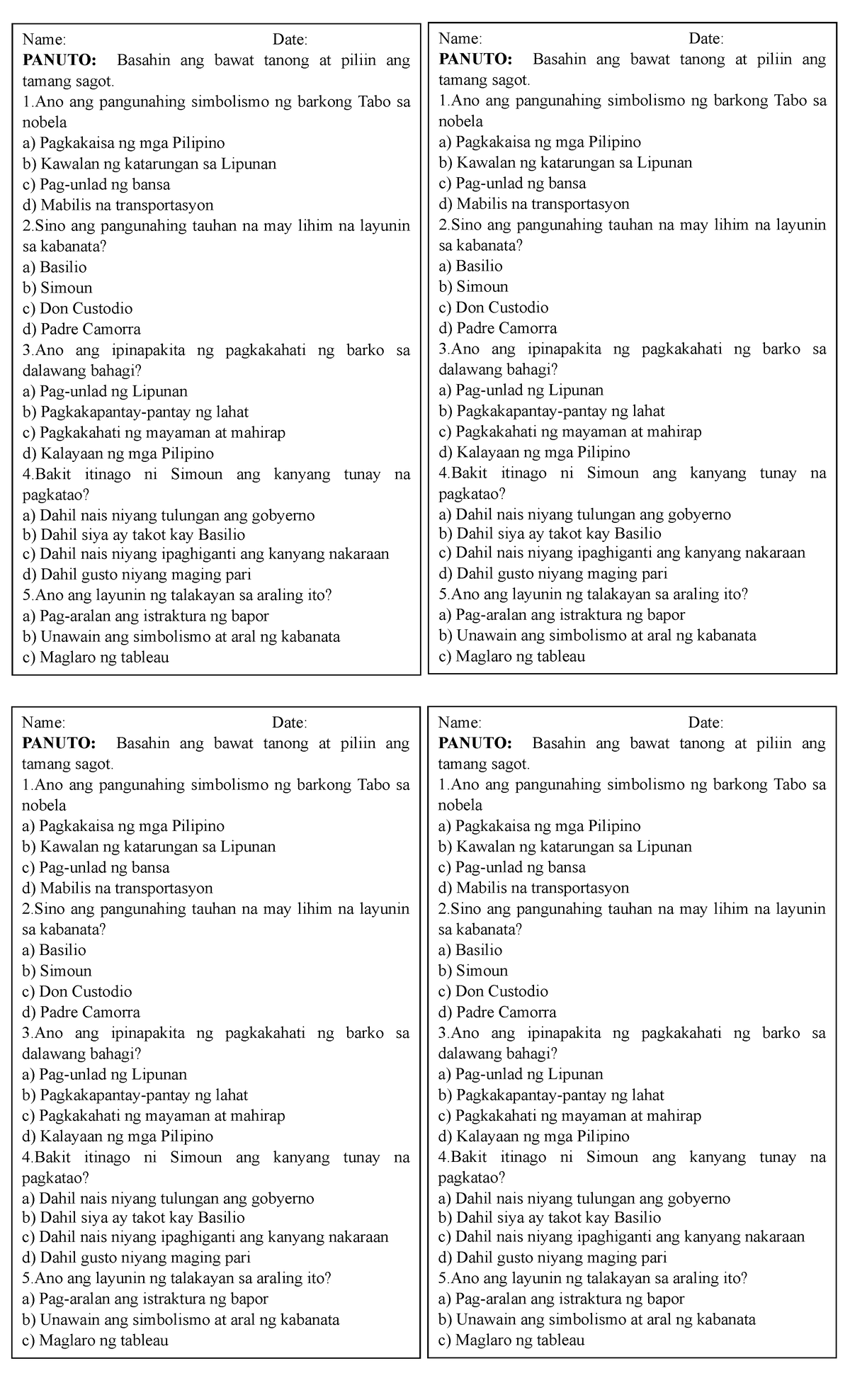 Quiz - el filibusterismo kabanata 1: ang kubyerta - Name: Date: PANUTO ...
