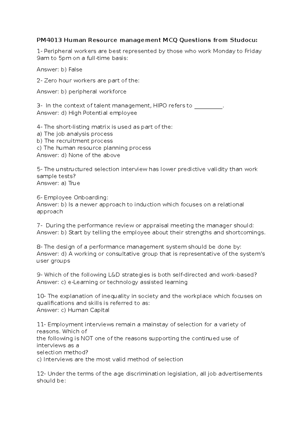 HR Mcq questions - MCQ - PM4013 Human Resource management MCQ Questions ...