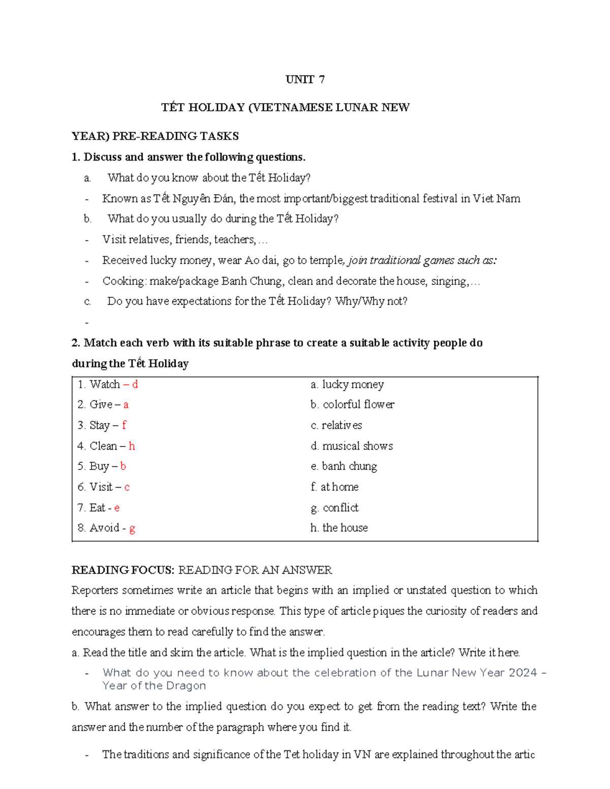 Unit 7: Tết Holiday (Vietnamese Lunar New Year) Pre-Reading Tasks and ...