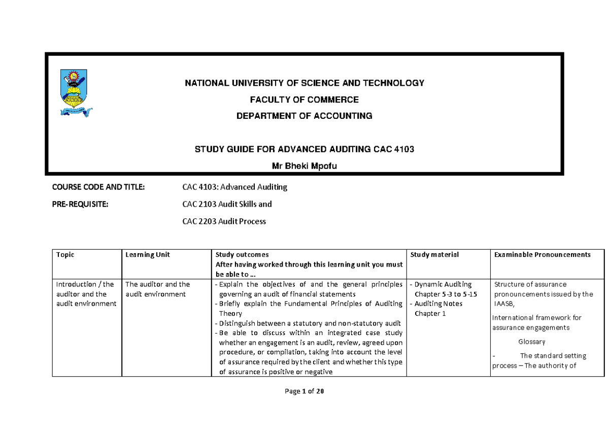 CAC 4103: Advanced Auditing Study Guide and Key Concepts - Studocu