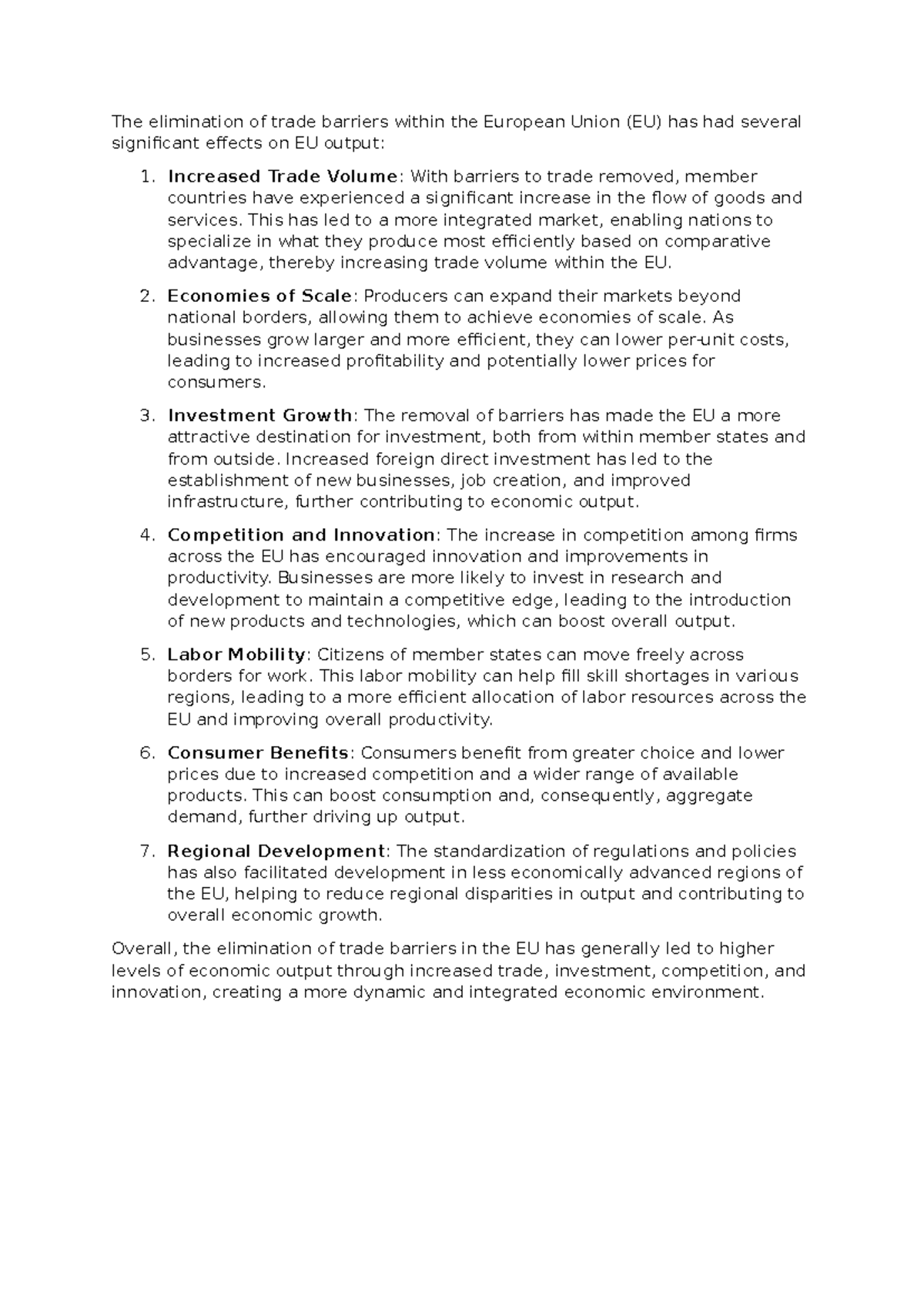 Discussion UNIT 1 - Effects of Trade Barrier Elimination in the EU ...