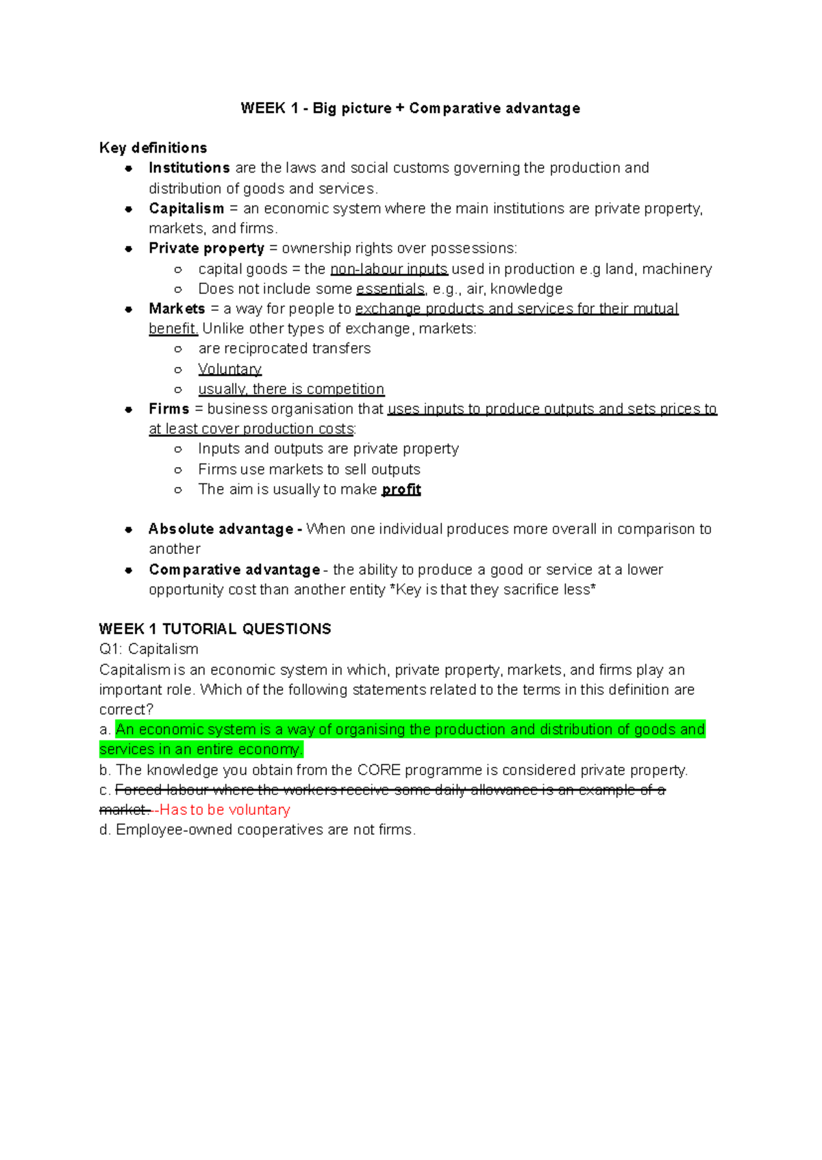 ECON1020 - Week 1 Study Sheet: Comparative Advantage & Key Concepts ...