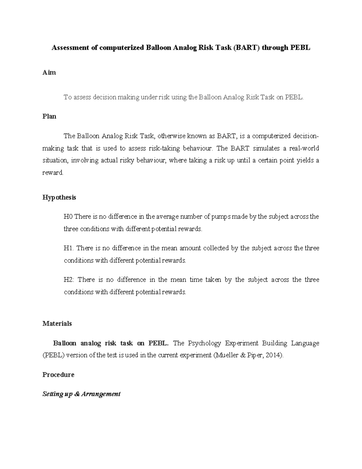 Assessment of Balloon Analog Risk Task (BART) in PEBL Study - Studocu