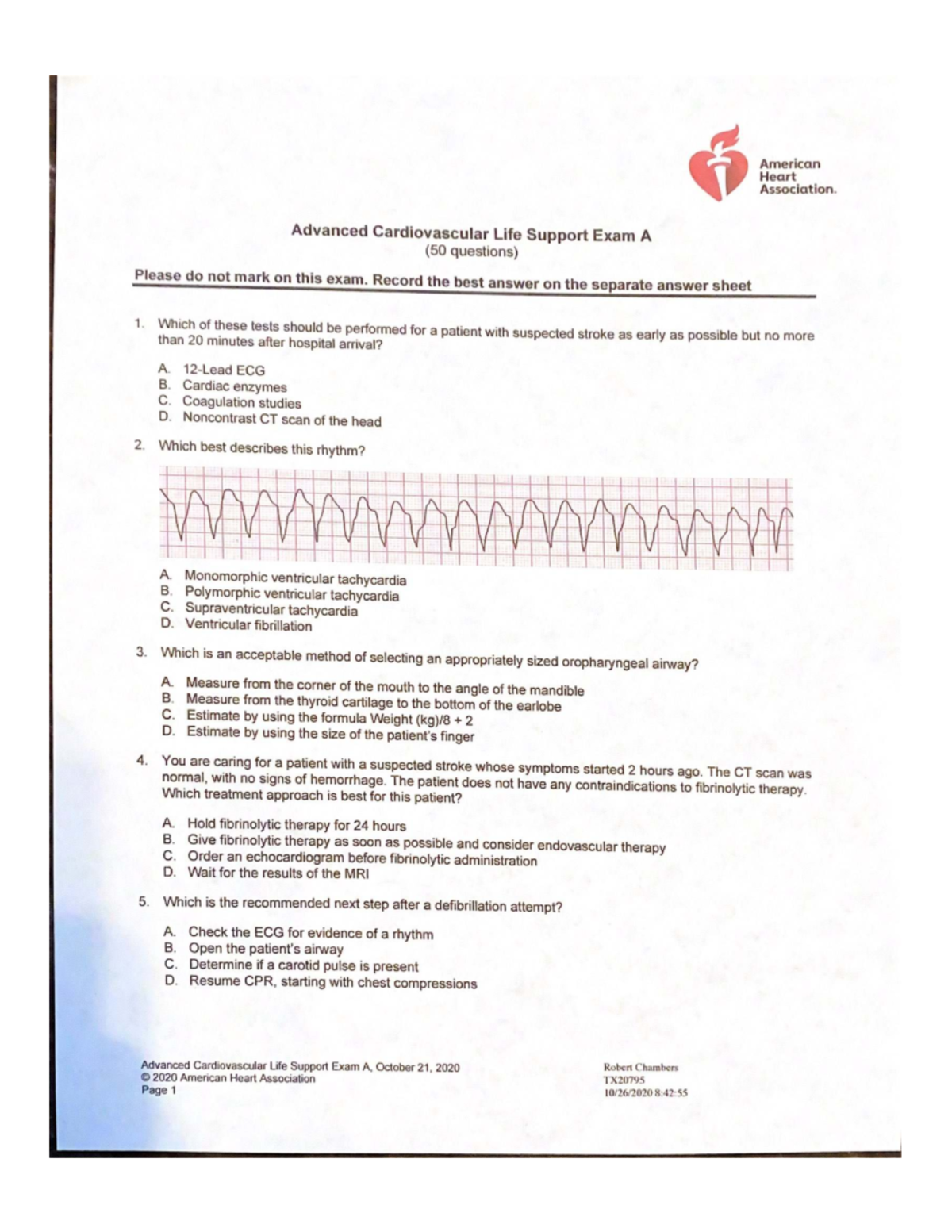 2021 ACLS exam A (50 questions) - American Heart Association - Studocu