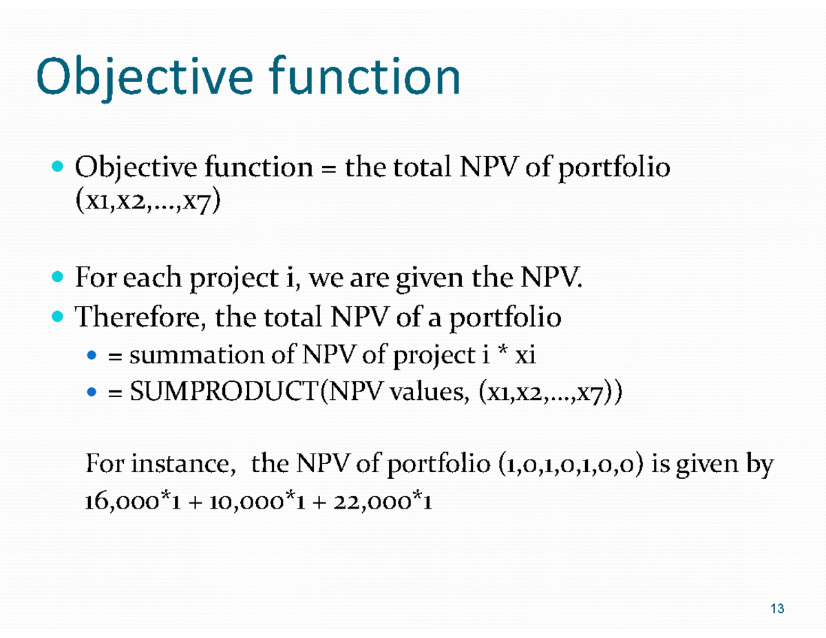 Week 6 Class Slides: NPV Analysis - Objective Function & Constraints ...