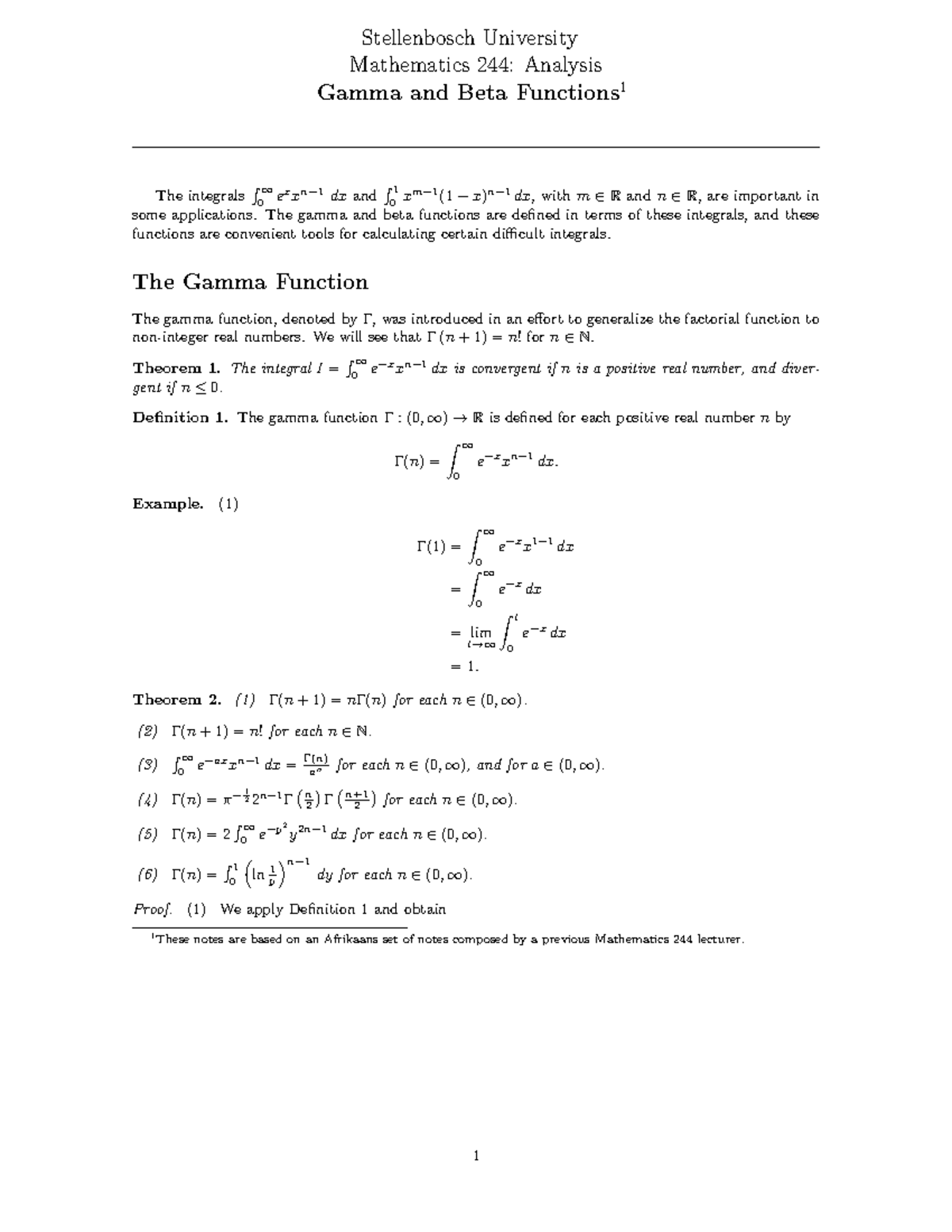 Stellenbosch University Mathematics 244: Gamma and Beta Functions Notes ...