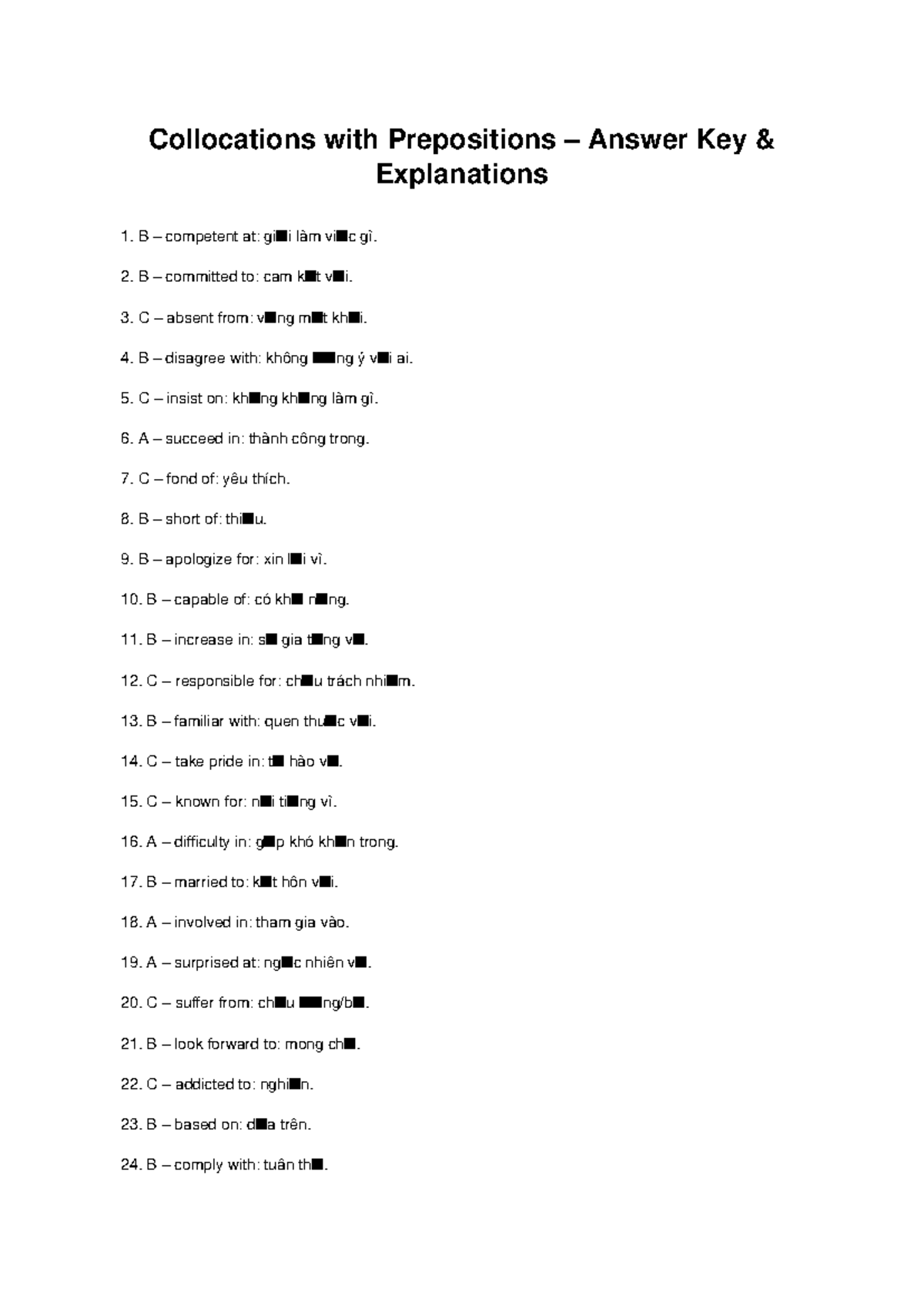Collocations with Prepositions: Answer Key & Tips - Studocu