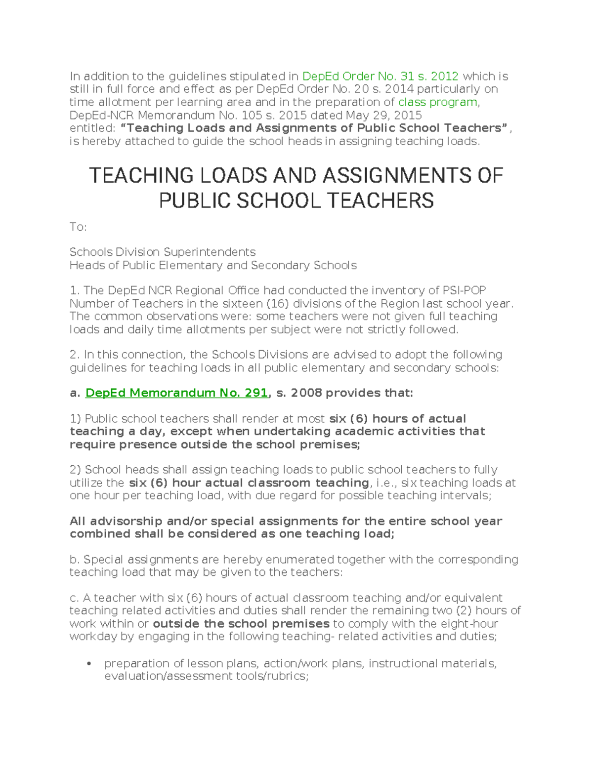 DepEd Memo 105 s. 2015: Guidelines on Teaching Loads & Assignments ...