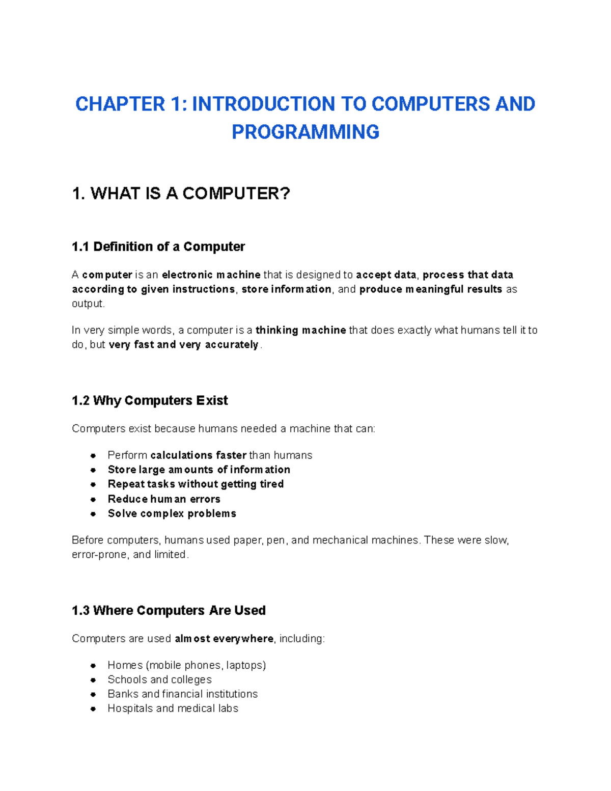 CHAPTER 1: INTRODUCTION TO COMPUTERS AND PROGRAMMING - Studocu