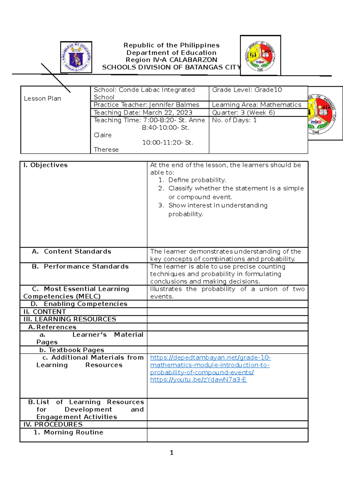 LESSON PLAN- MATHEMATICS 10 -Quarter 3 Week 6 - Republic of the ...