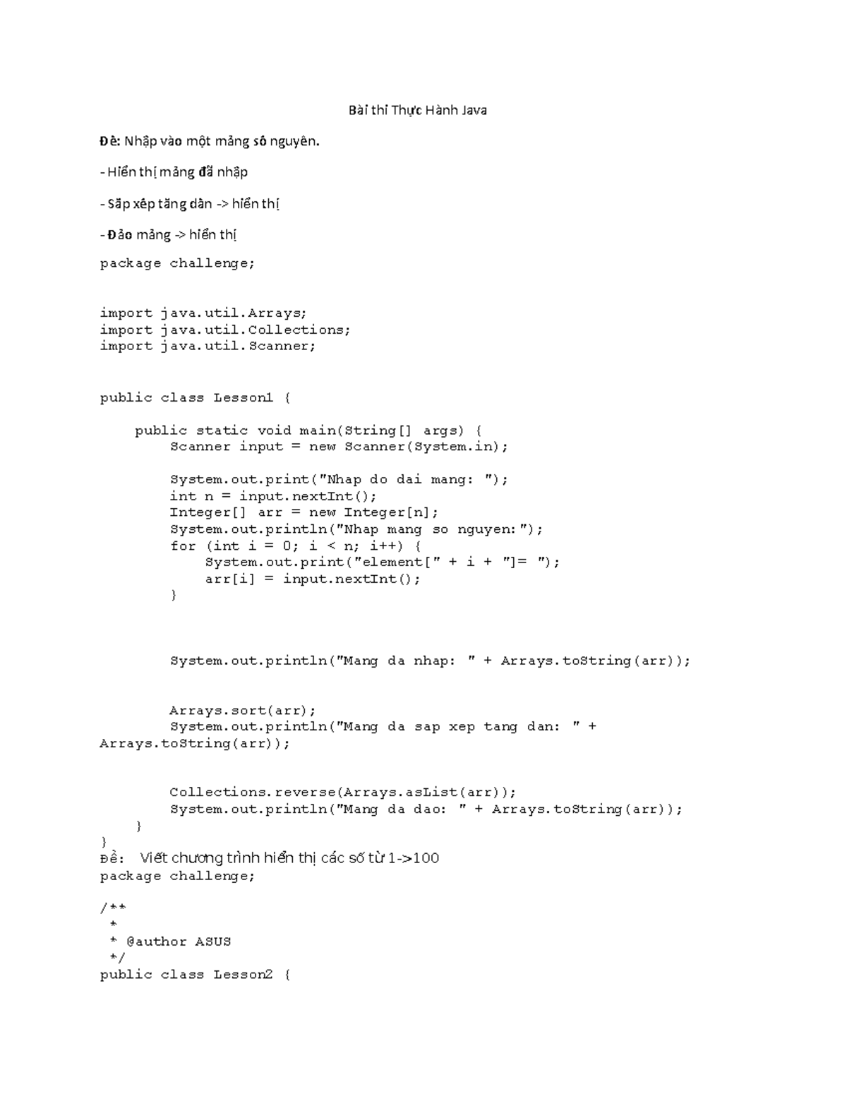 Bài thi Thực Hành Java - yiui - Bài thi Th ực Hành Java Đềề: Nh p vào m t m ng sốố nguyền.ậ ộ ả ...
