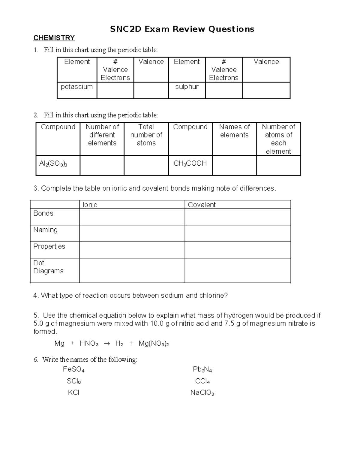 Exam review 2023 - xxx - SNC2D Exam Review Questions CHEMISTRY Fill in ...