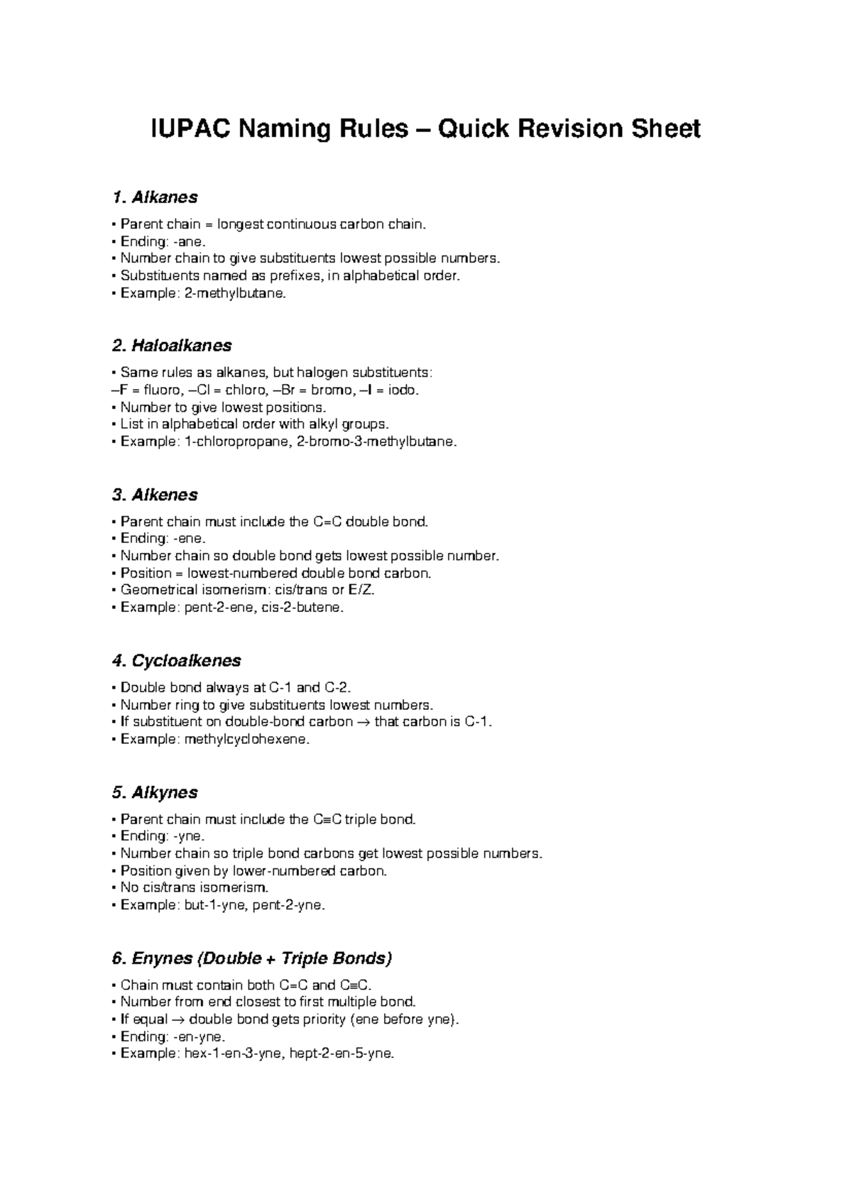 IUPAC Naming Rules Quick Revision Sheet for Organic Compounds - Studocu