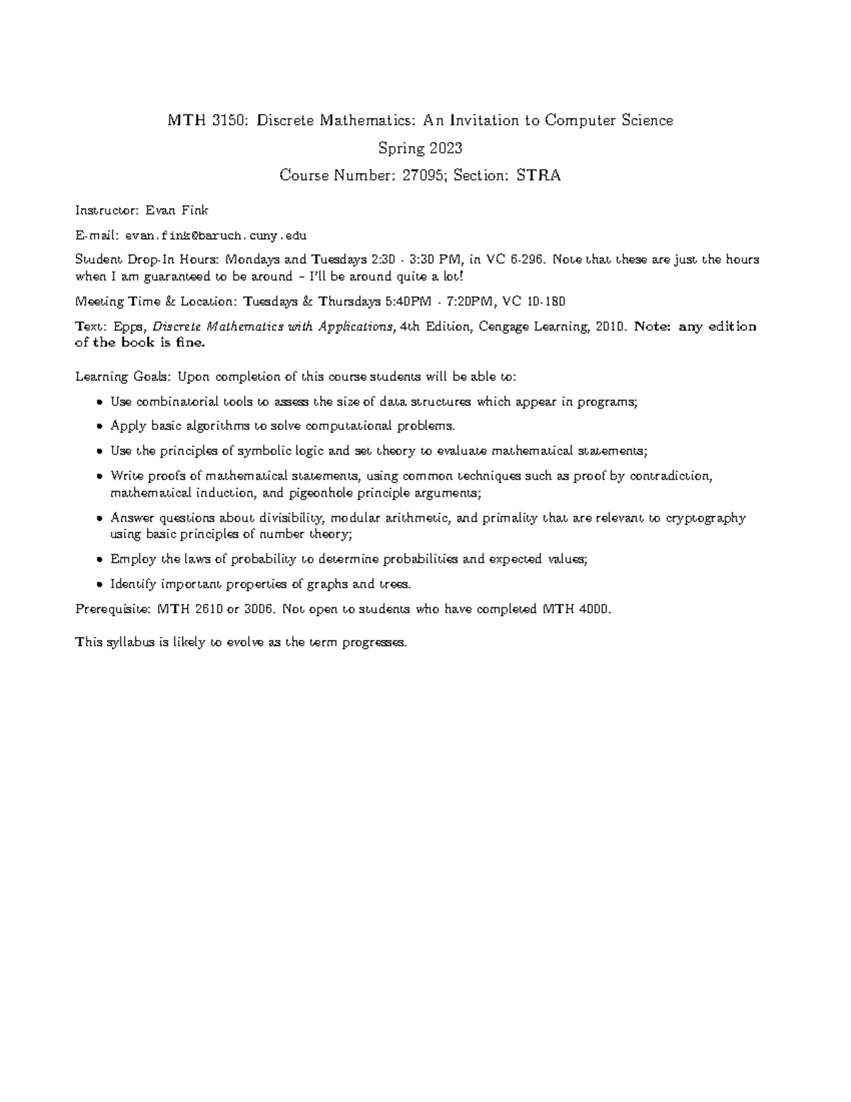 MTH 3150 Spring 2023 Syllabus for Discrete Mathematics Course - Studocu