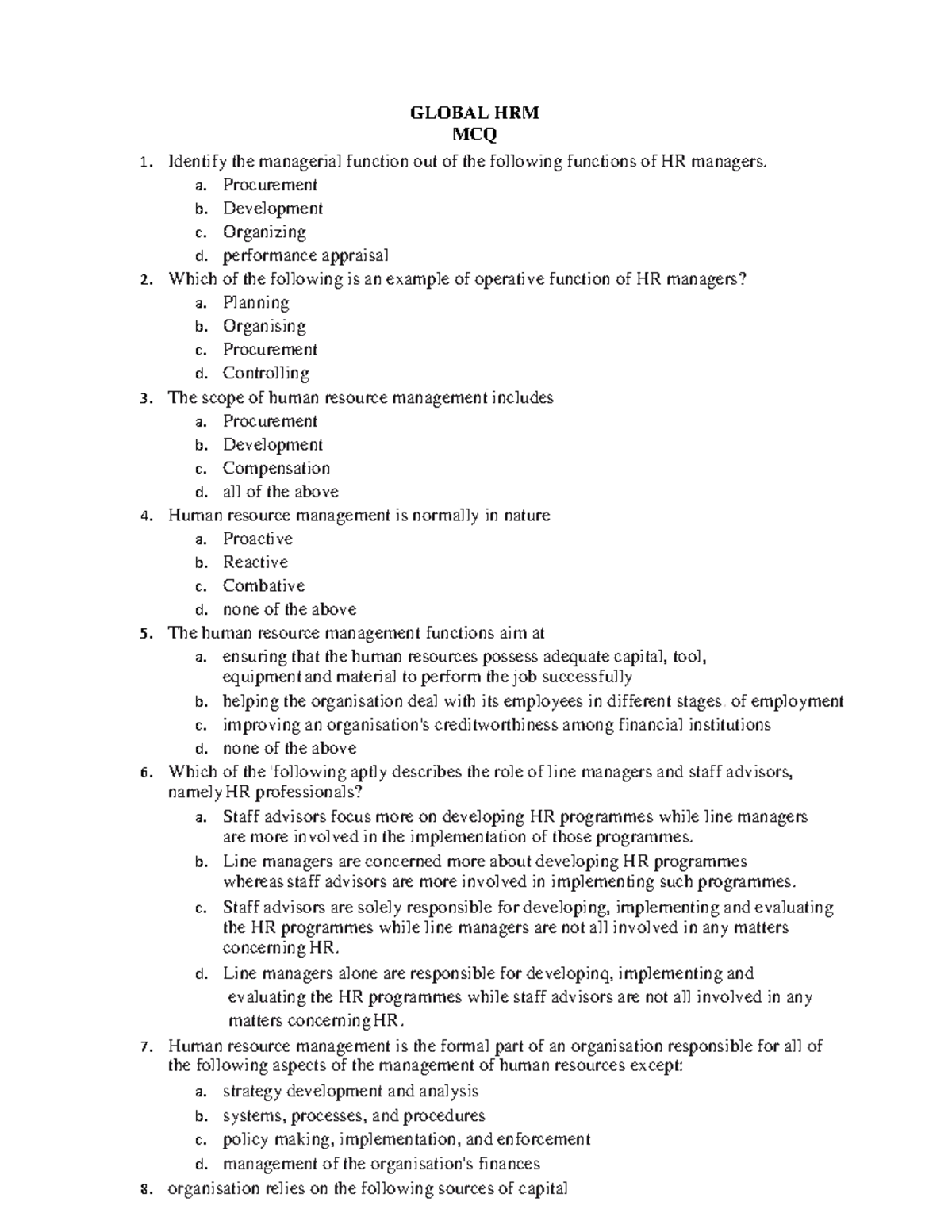 Global-HRM- MCQ - Key Concepts in Human Resource Management - Studocu
