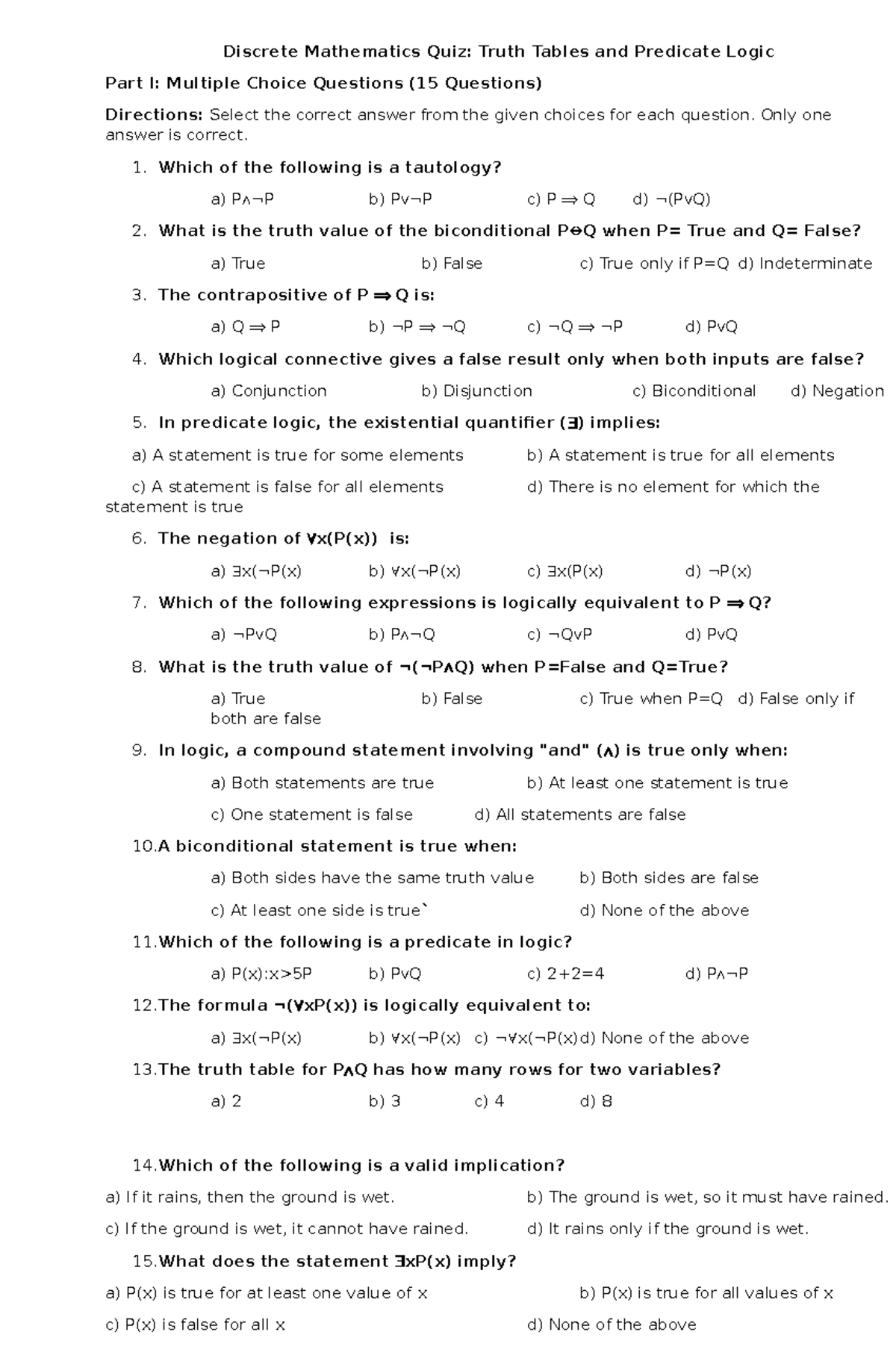 Discrete Mathematics Quiz - Only one answer is correct. Which of the ...