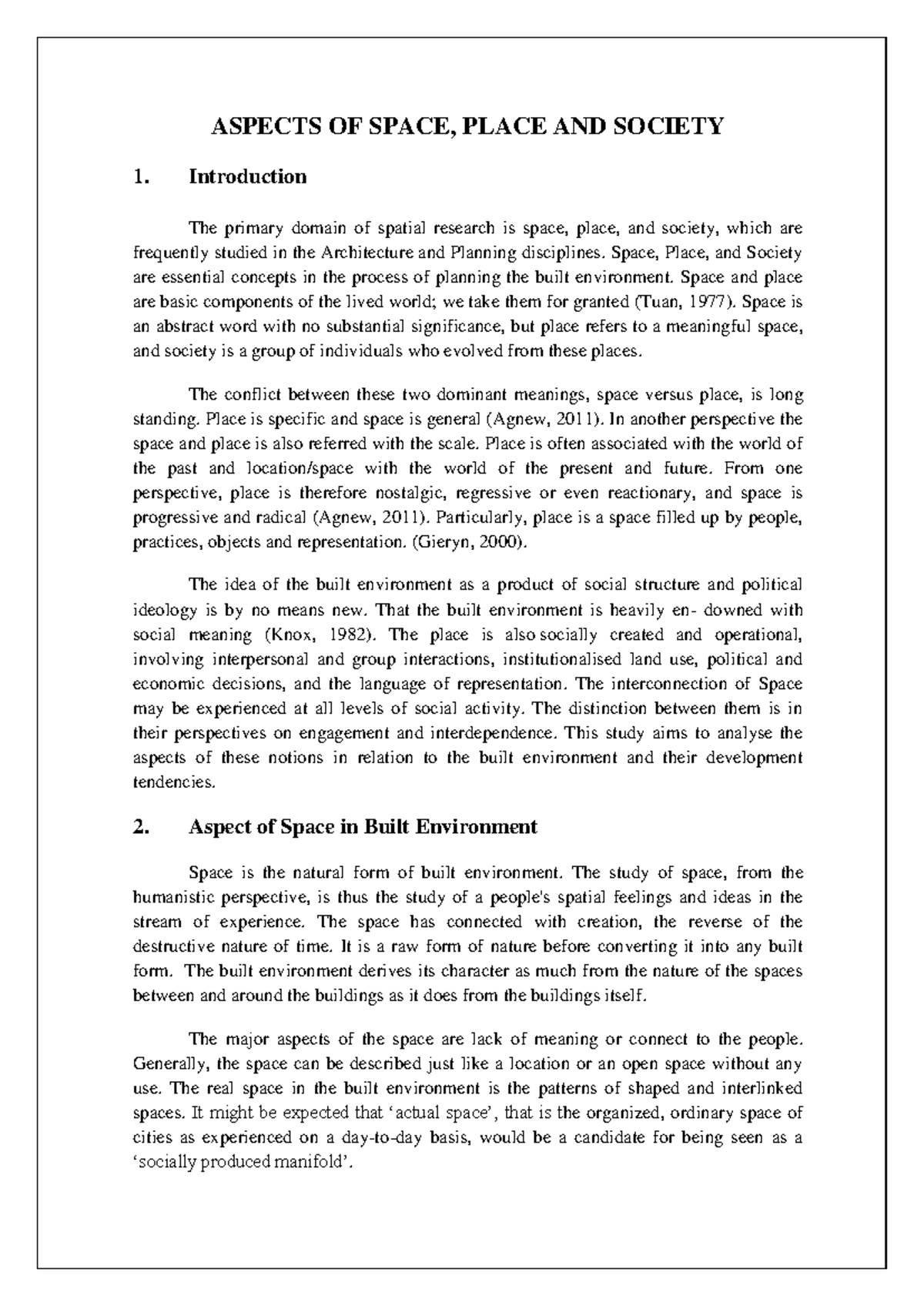 Aspects of Space, Place, and Society in Built Environment - Studocu