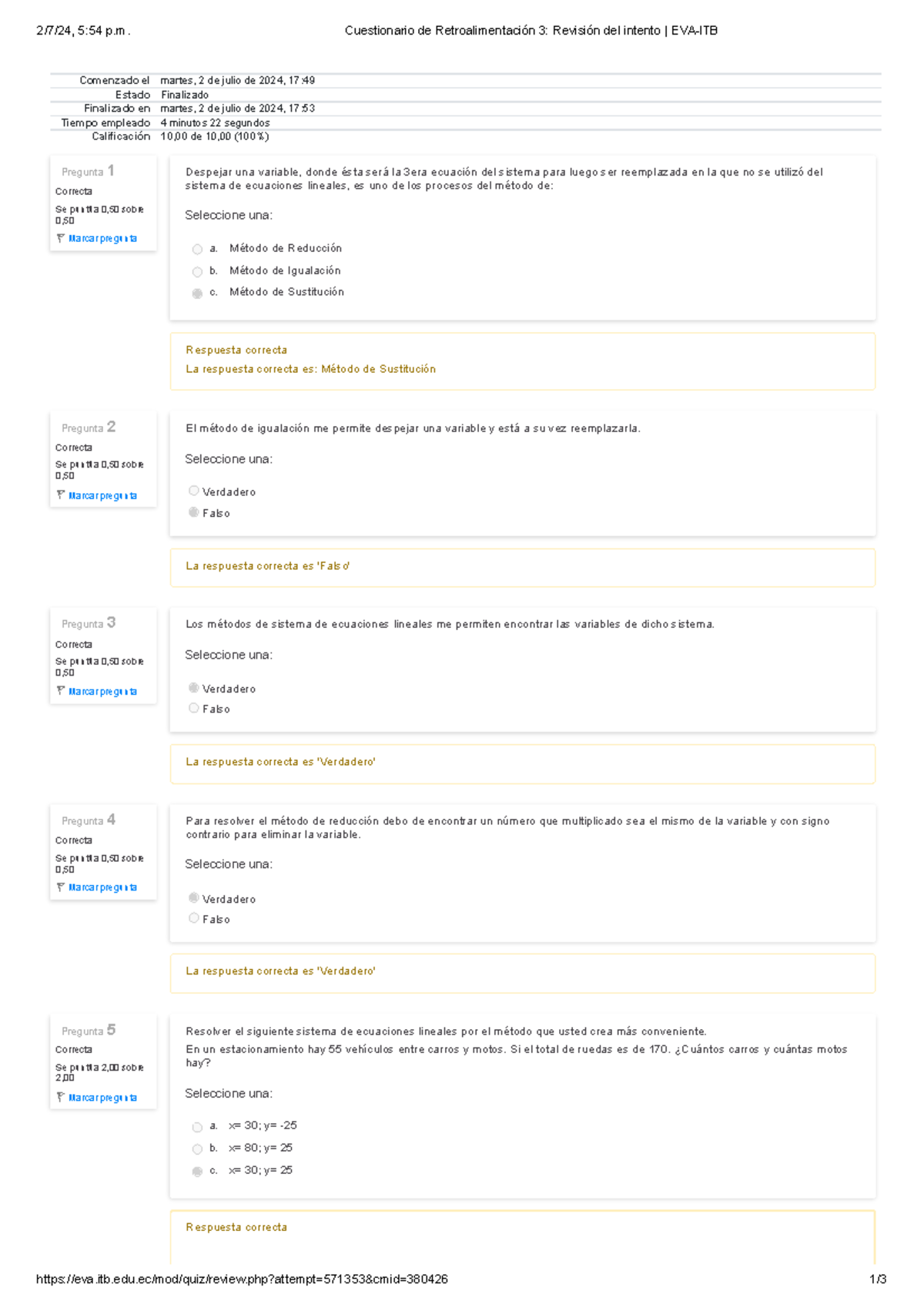 Cuestionario de Retroalimentación 3 Revisión del intento EVA-ITB ...