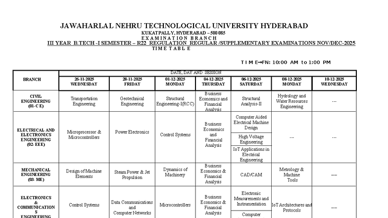 B.Tech III I R22 - Regular Exam Timetable (10 AM to 1 PM) - Studocu