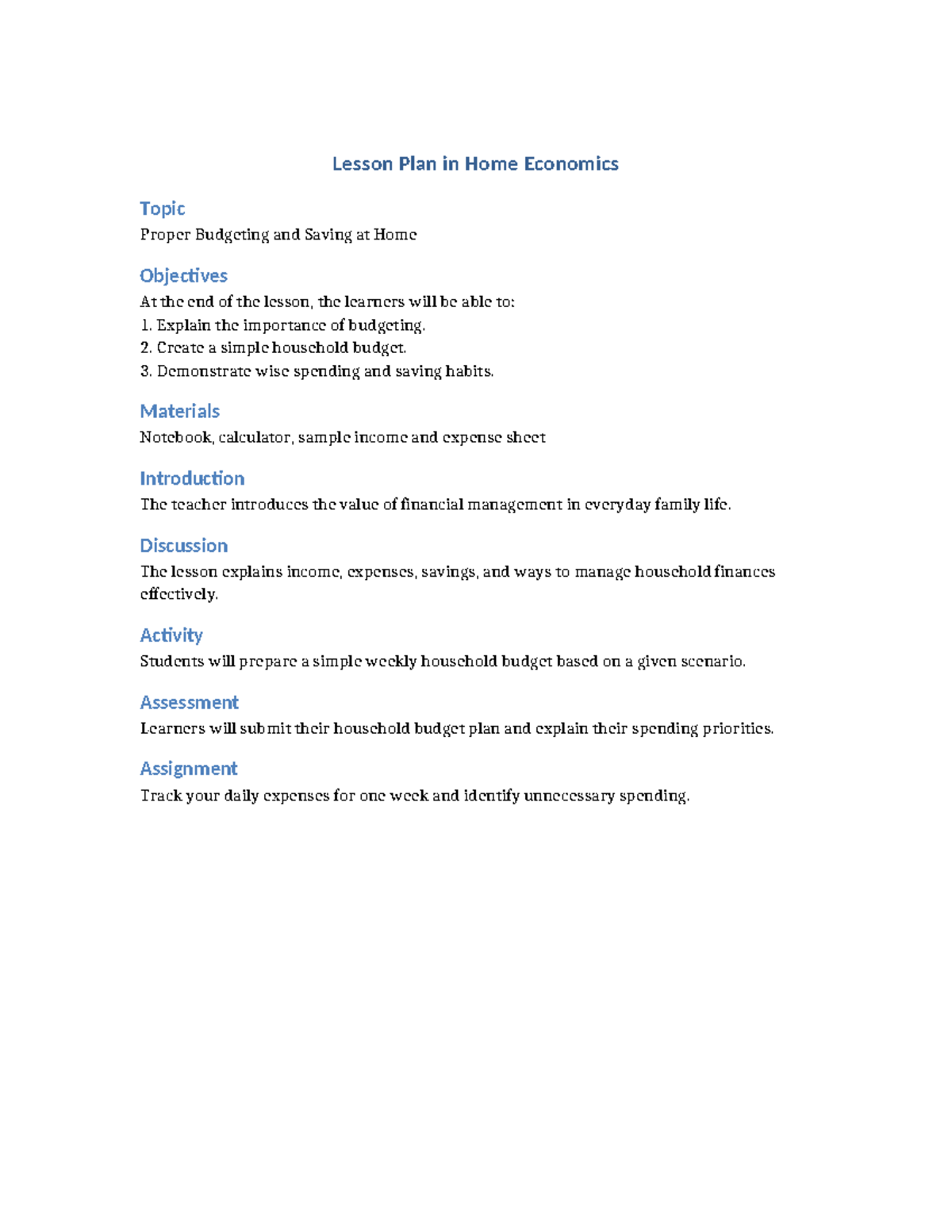 Home Economics Lesson Plan: Budgeting & Saving Strategies - Studocu