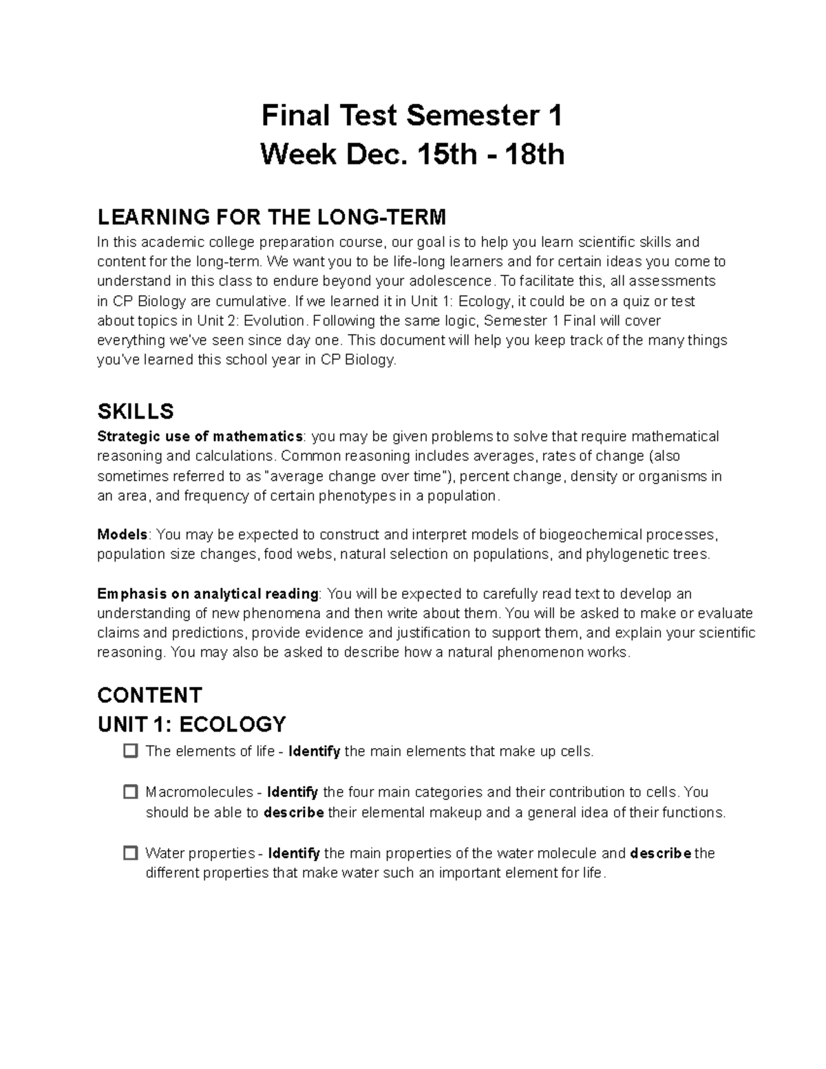 CP Biology Semester 1 Final Test Study Guide (Dec. 15-18) - Studocu