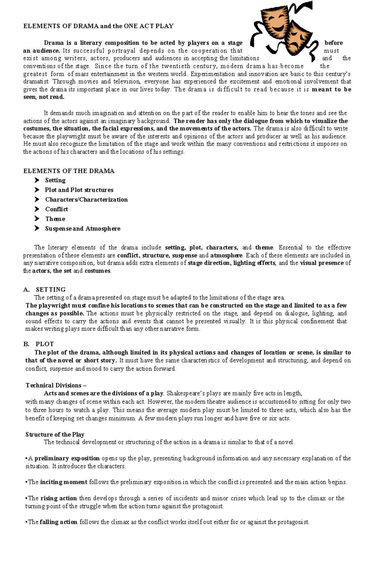 Lecture Notes (ENG 201): Key Elements of Drama and One-Act Plays - Studocu