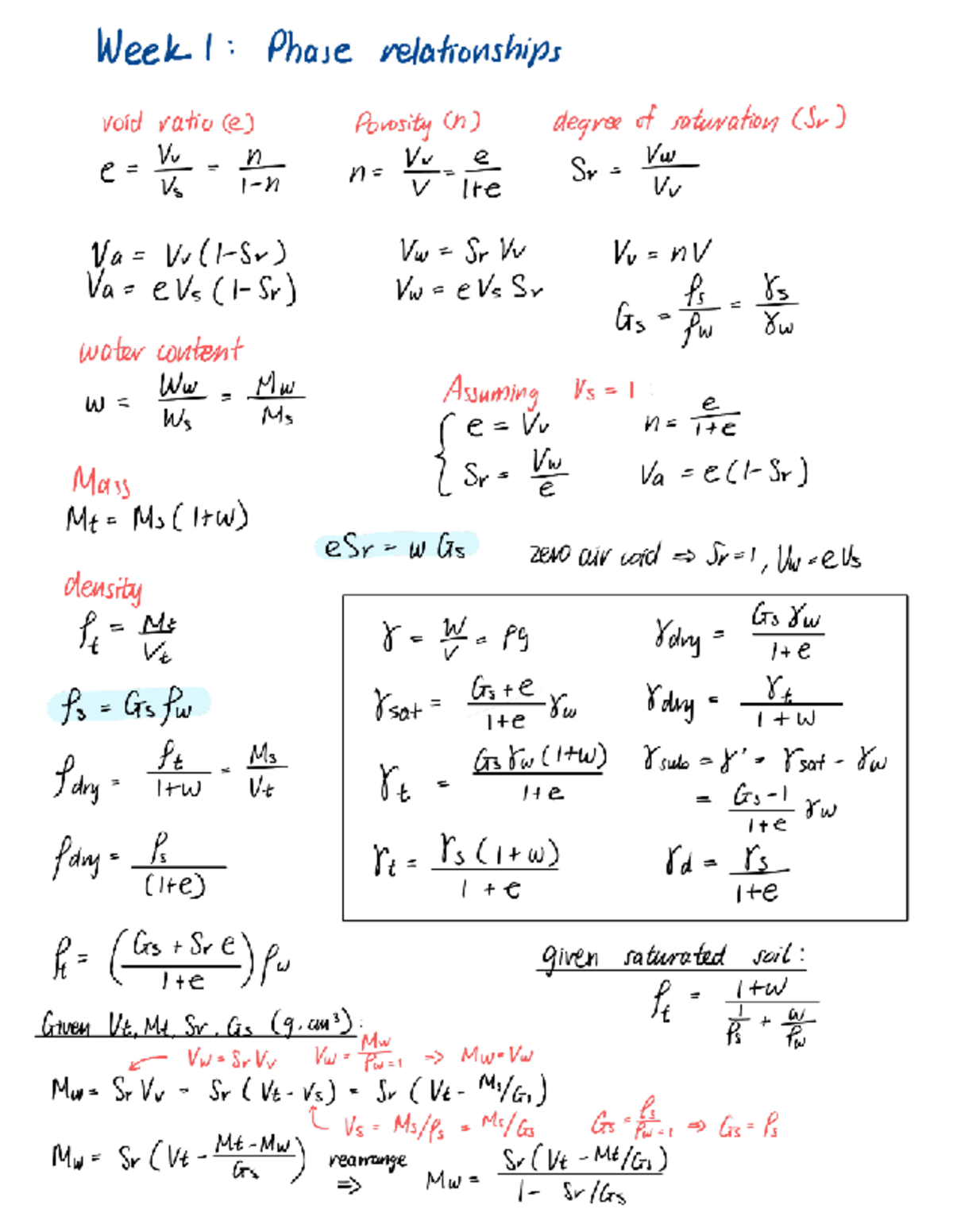 Soil Mechanics Formulas for CVEN3203: Week 1 Overview - Studocu