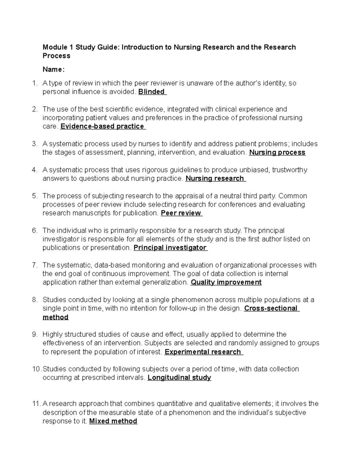 NUR 101 Module 1 Study Guide: Intro to Nursing Research Process - Studocu