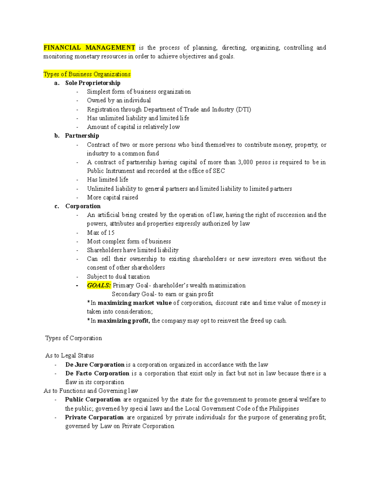 FIN 101: Financial Management Quick Notes on Business Organizations ...