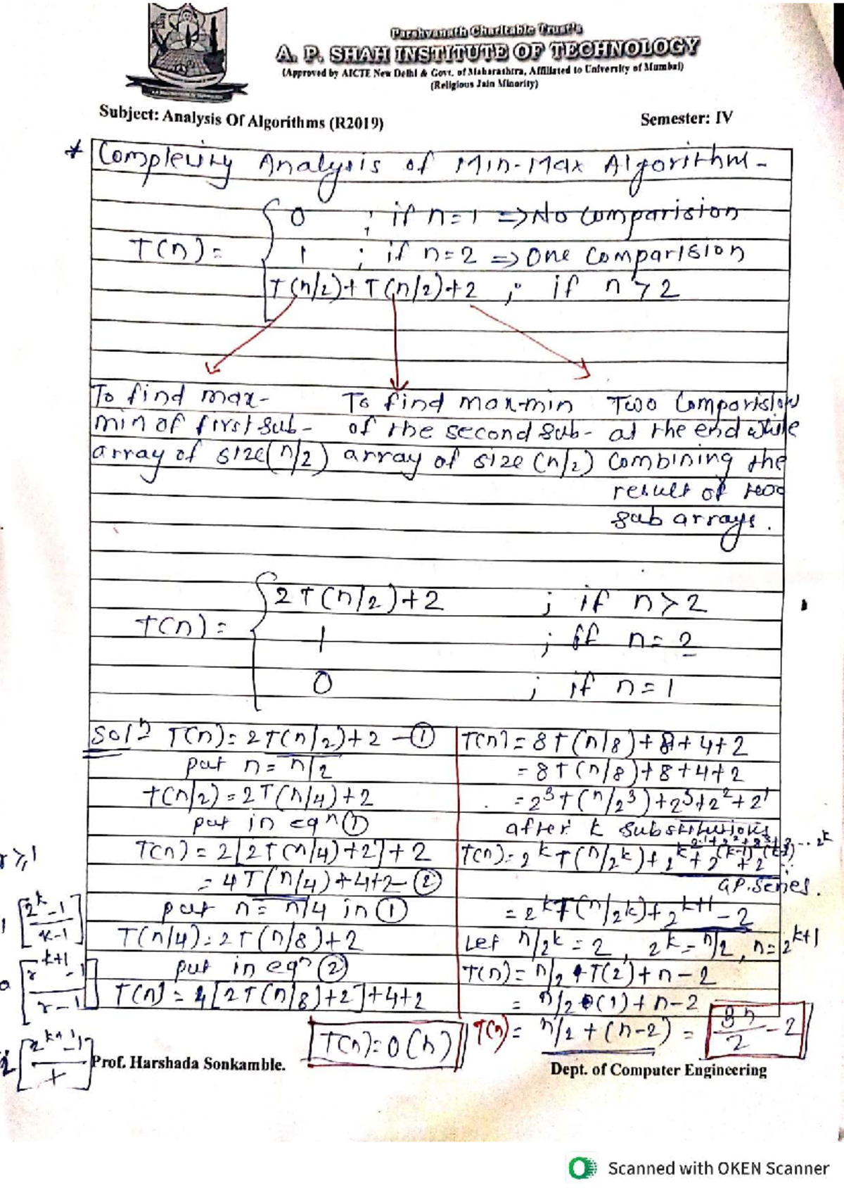 Analysis of Algorithms (R2019) - Min-Max Complexity Notes - Studocu