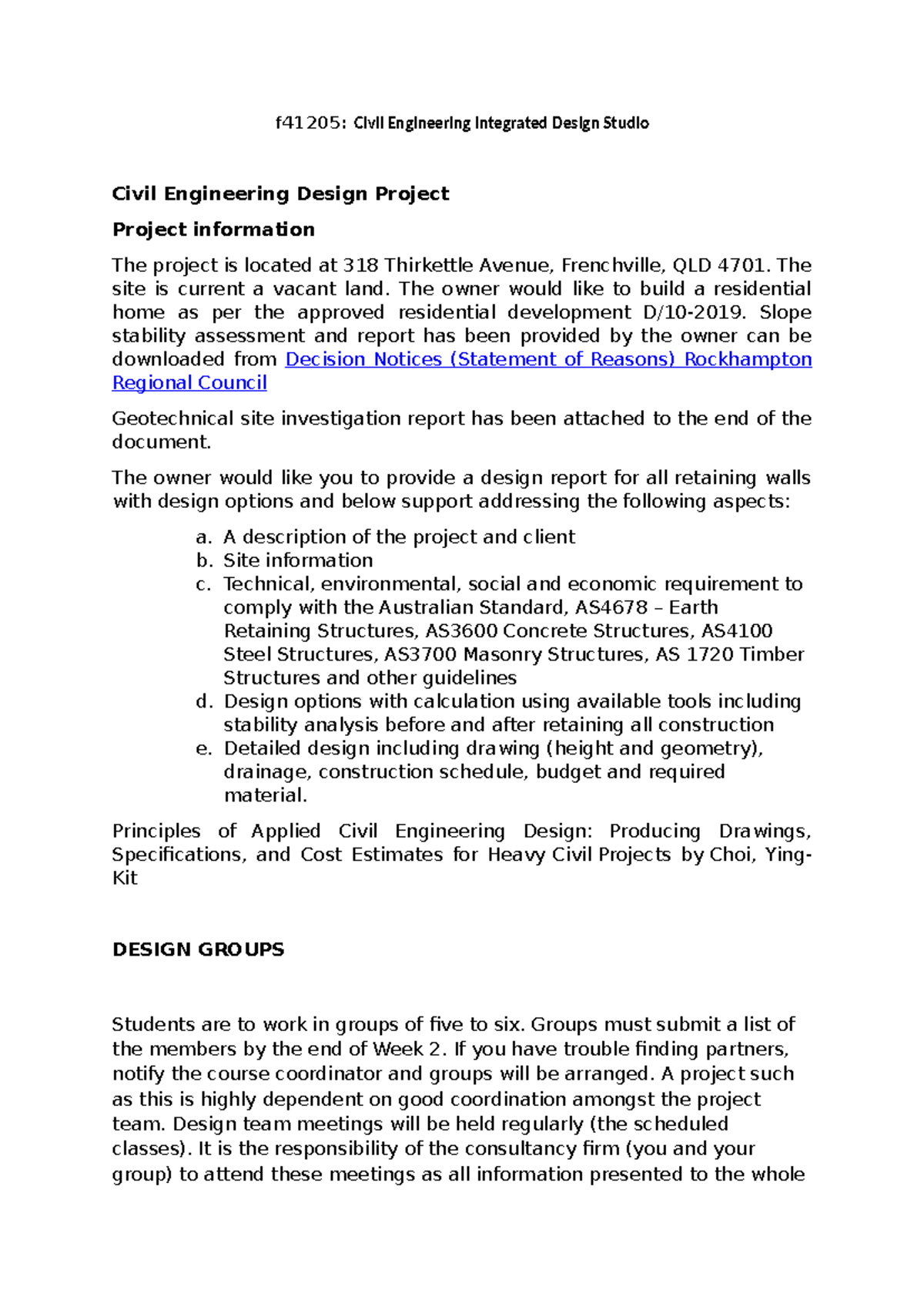 f41205: Civil Engineering Design Project Brief and Guidelines - Studocu