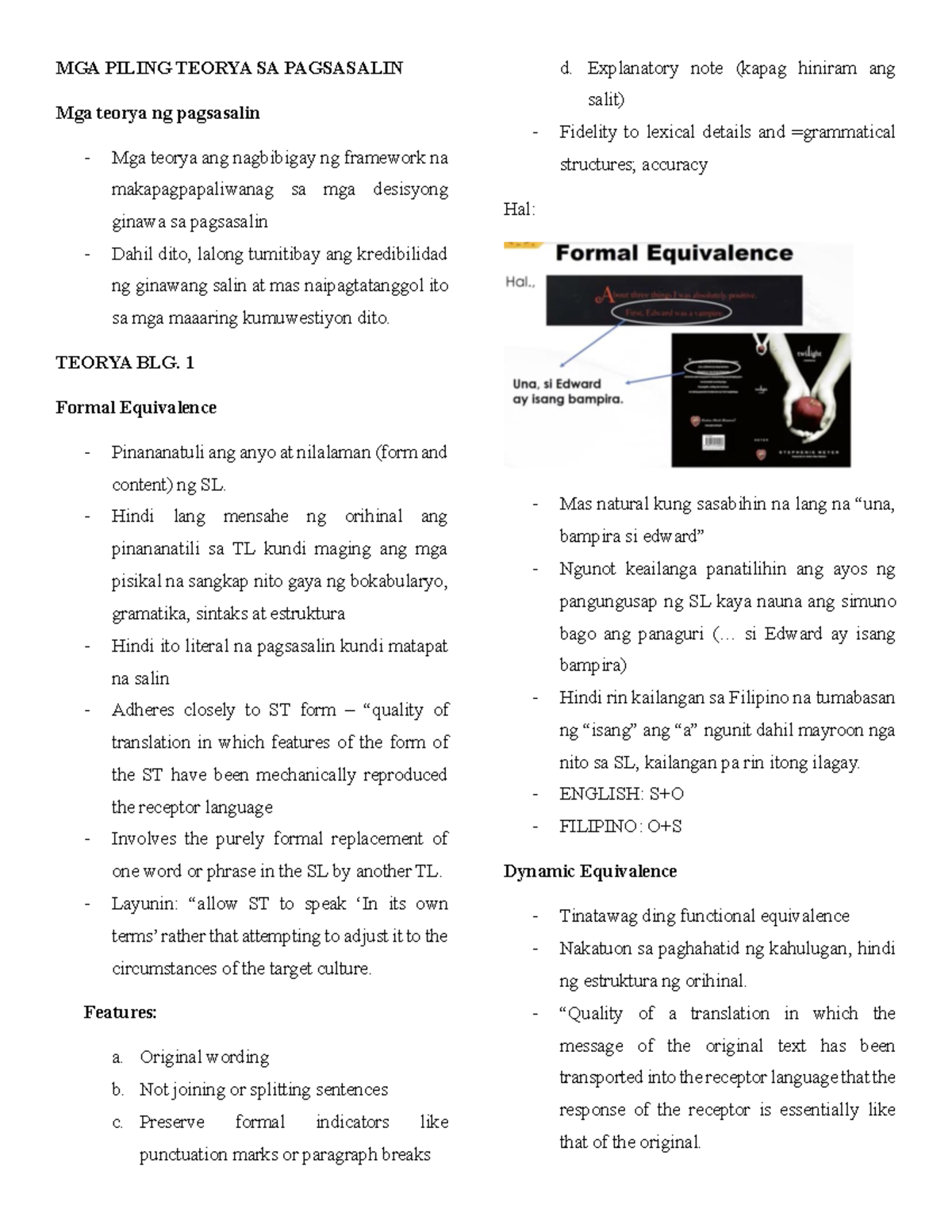 MGA PILING TEORYA SA PAGSASALIN: Isang Pagsusuri at Halimbawa - Studocu