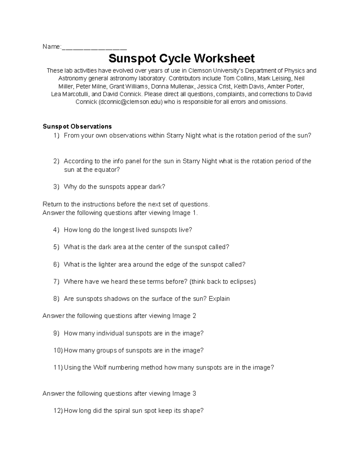 Sunspot Cycle Worksheet - Clemson University Astronomy Lab - Studocu