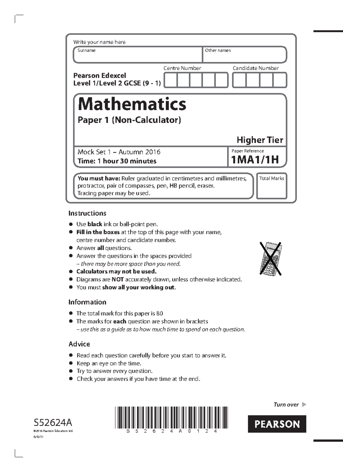 GCSE Maths 1H - Higher Tier Non-Calculator Practice Paper 1 - Studocu