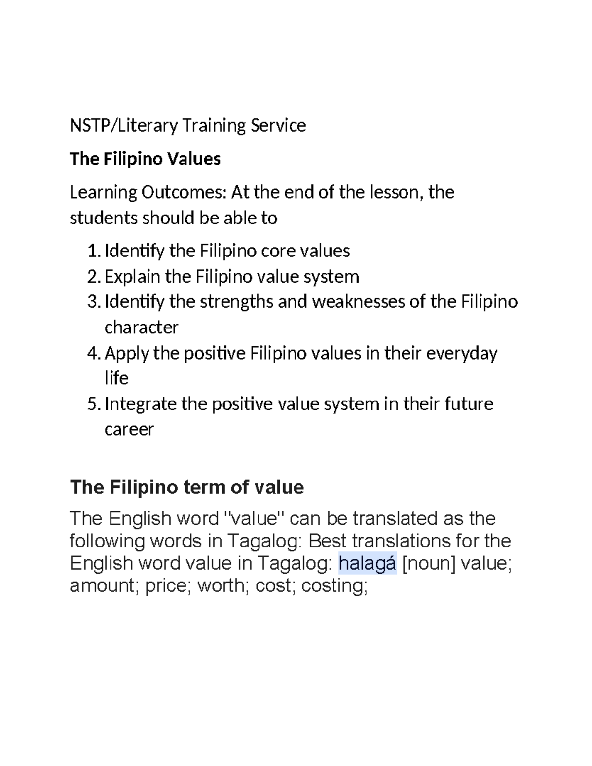 NSTP-Filipino-Values 2: Understanding Filipino Values and Nationalism ...